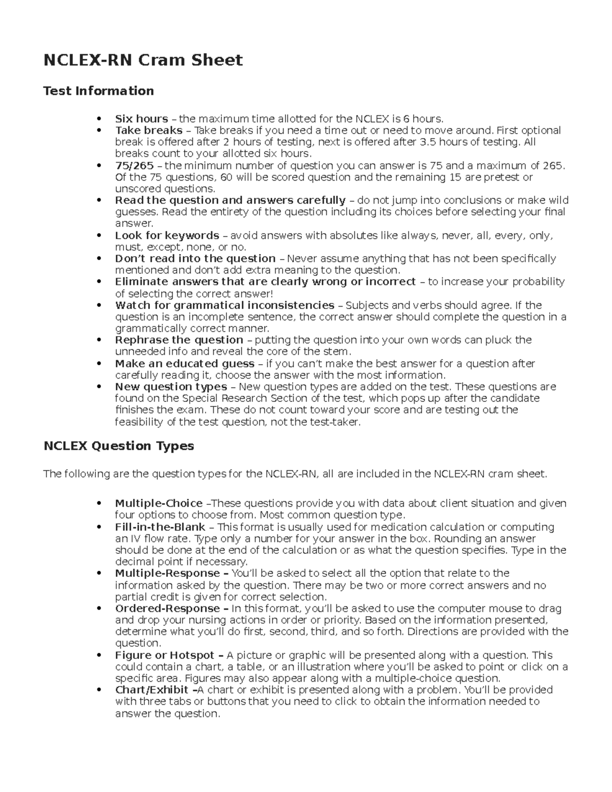 Nclex Cram Sheet - NCLEX-RN Cram Sheet Test Information Six hours – the ...