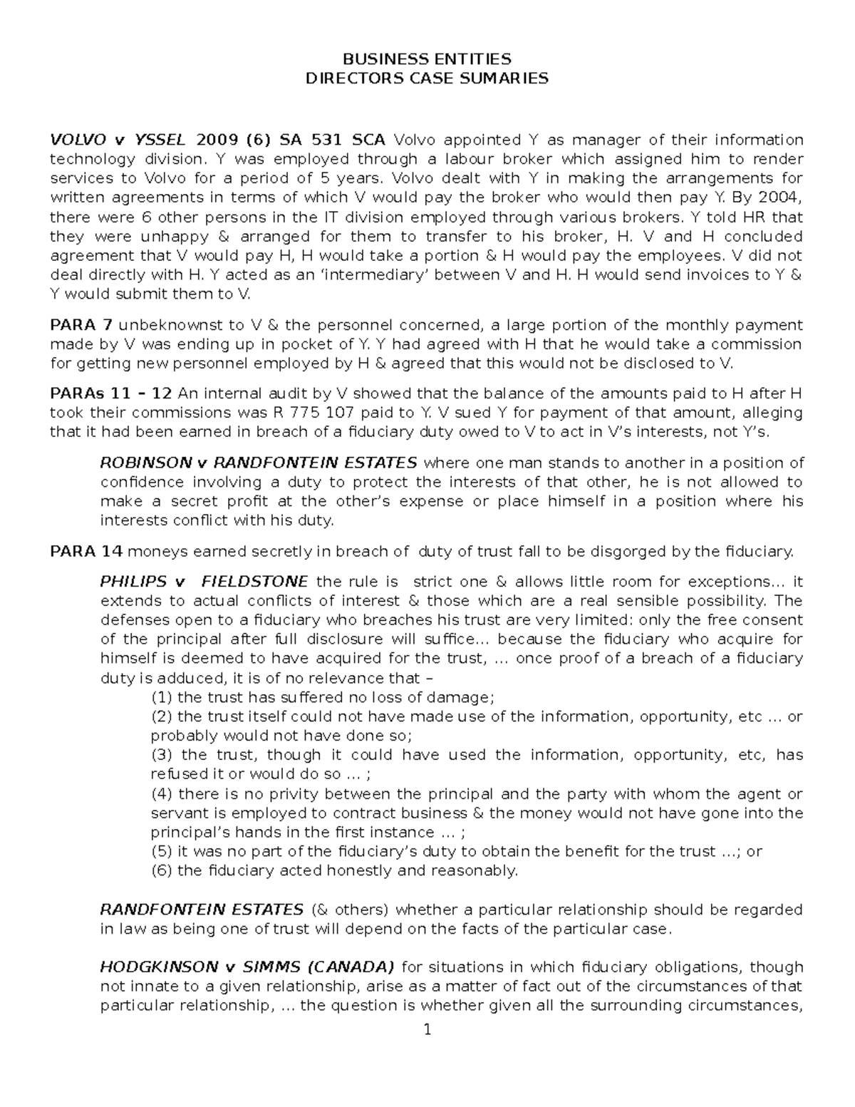 Directors case summaries - BUSINESS ENTITIES DIRECTORS CASE SUMARIES ...