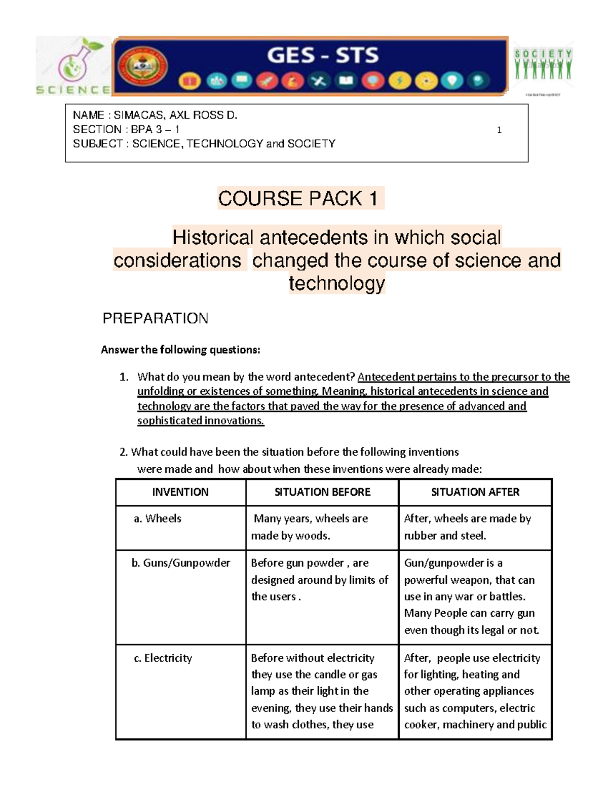GEC- STS - COURSE PACK 1 - 1 COURSE PACK 1 Historical antecedents in ...