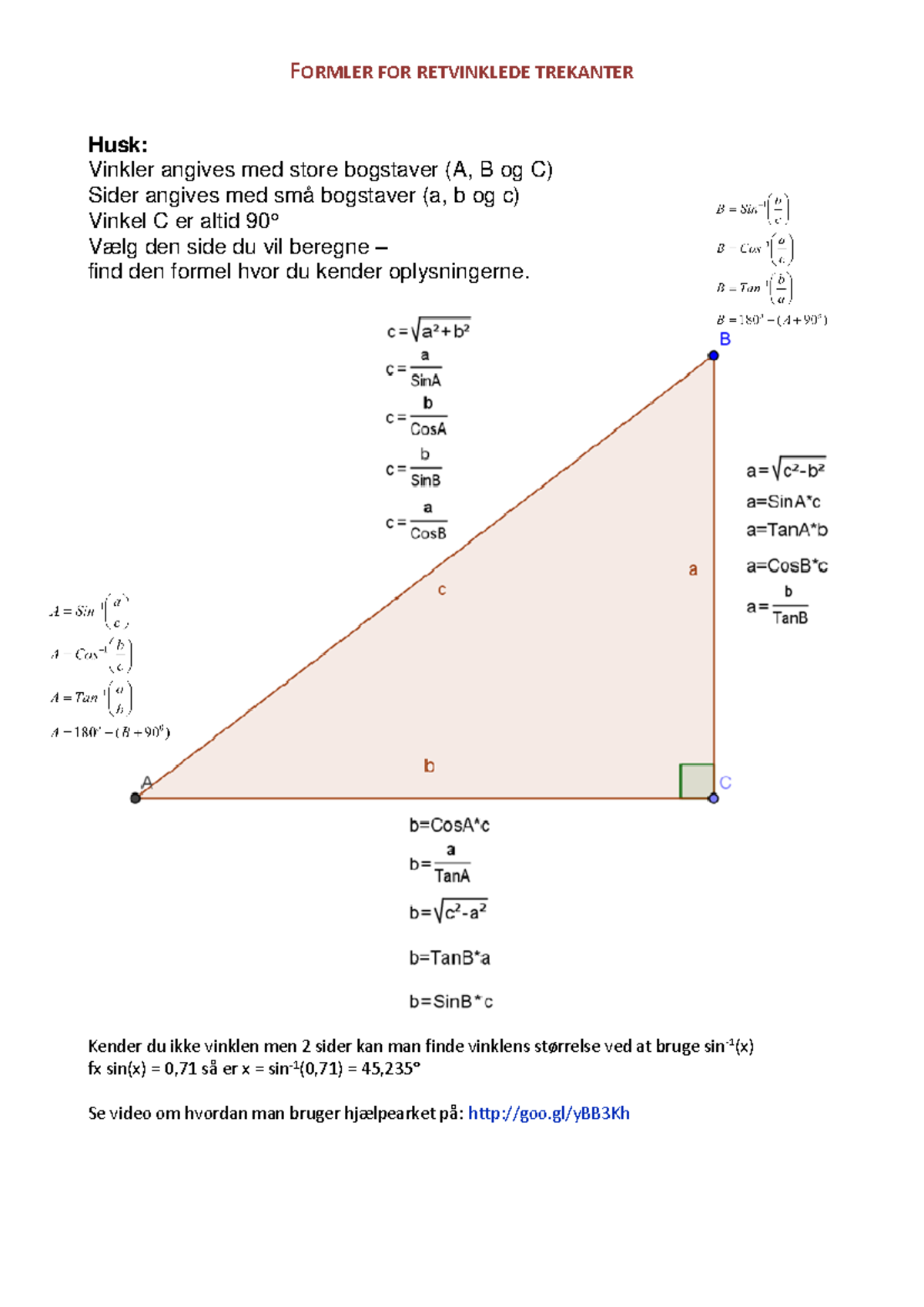 Kopi af Hjælpeark Trigonometri - Matematik B - FORMLER FOR RETVINKLEDE ...