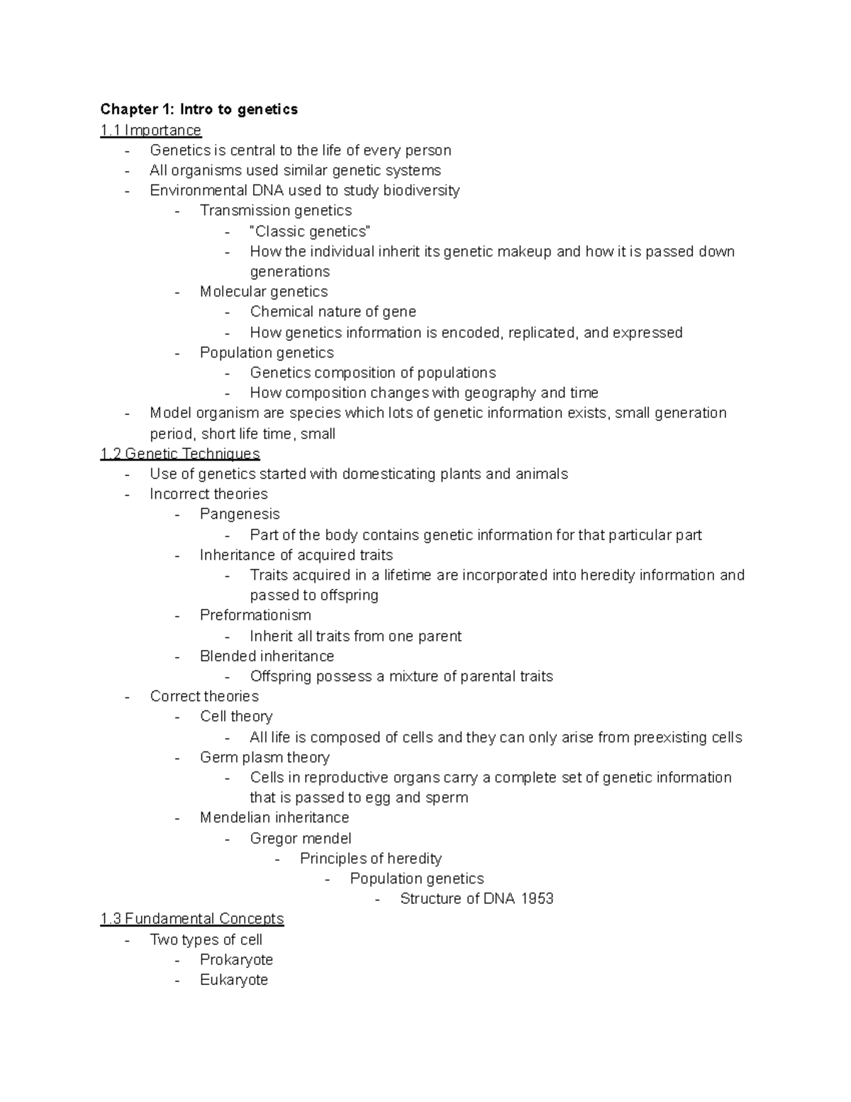 Genetics Final - Genetic review - Chapter 1: Intro to genetics 1 ...