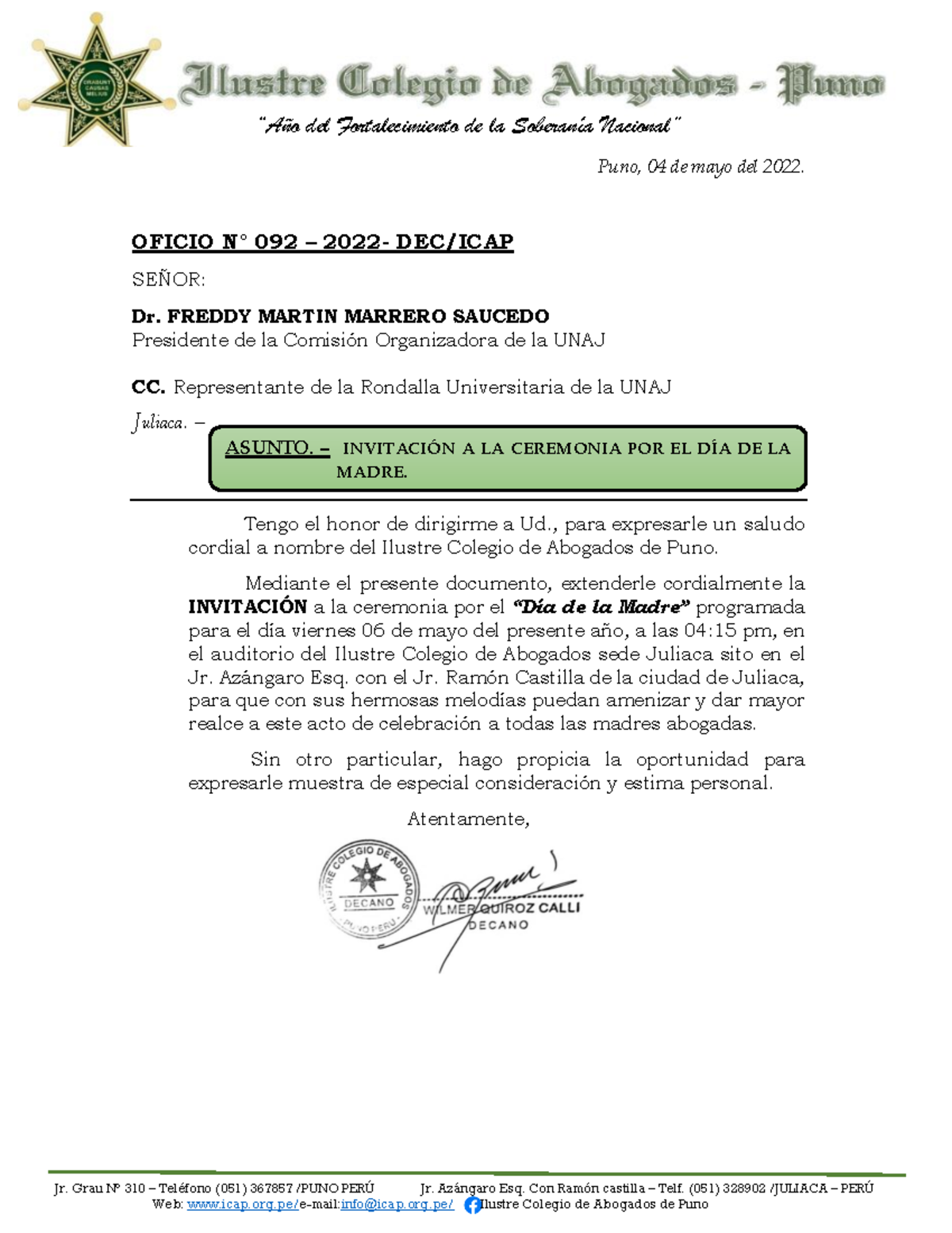Oficio 092-2022 - Jr. Grau N° 310 – Teléfono (051) 367857 /PUNO PERÚ Jr. Azángaro Esq. Con Ramón ...