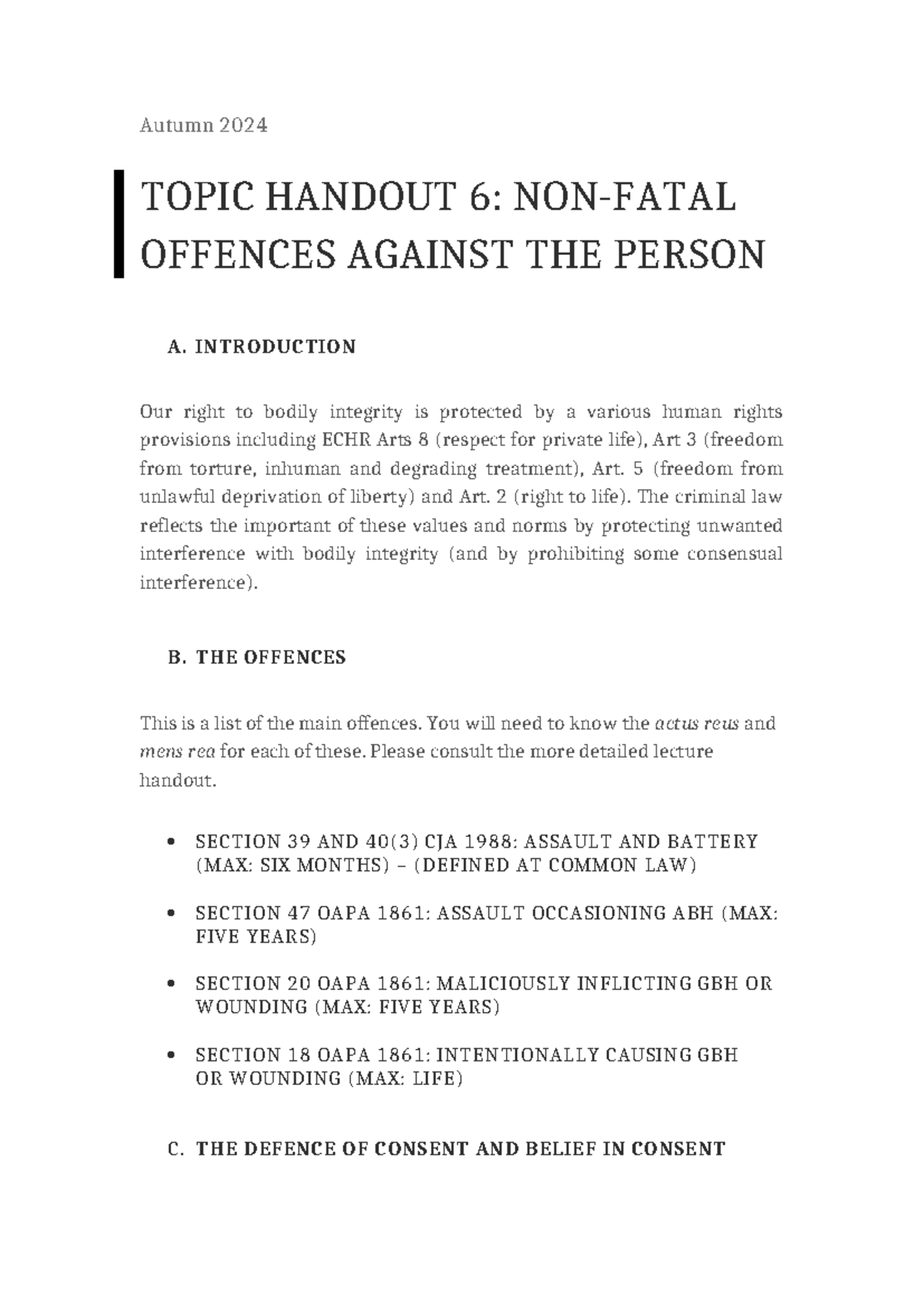 Topic Handout 6 2024 - crim - Autumn 2024 TOPIC HANDOUT 6: NON-FATAL ...