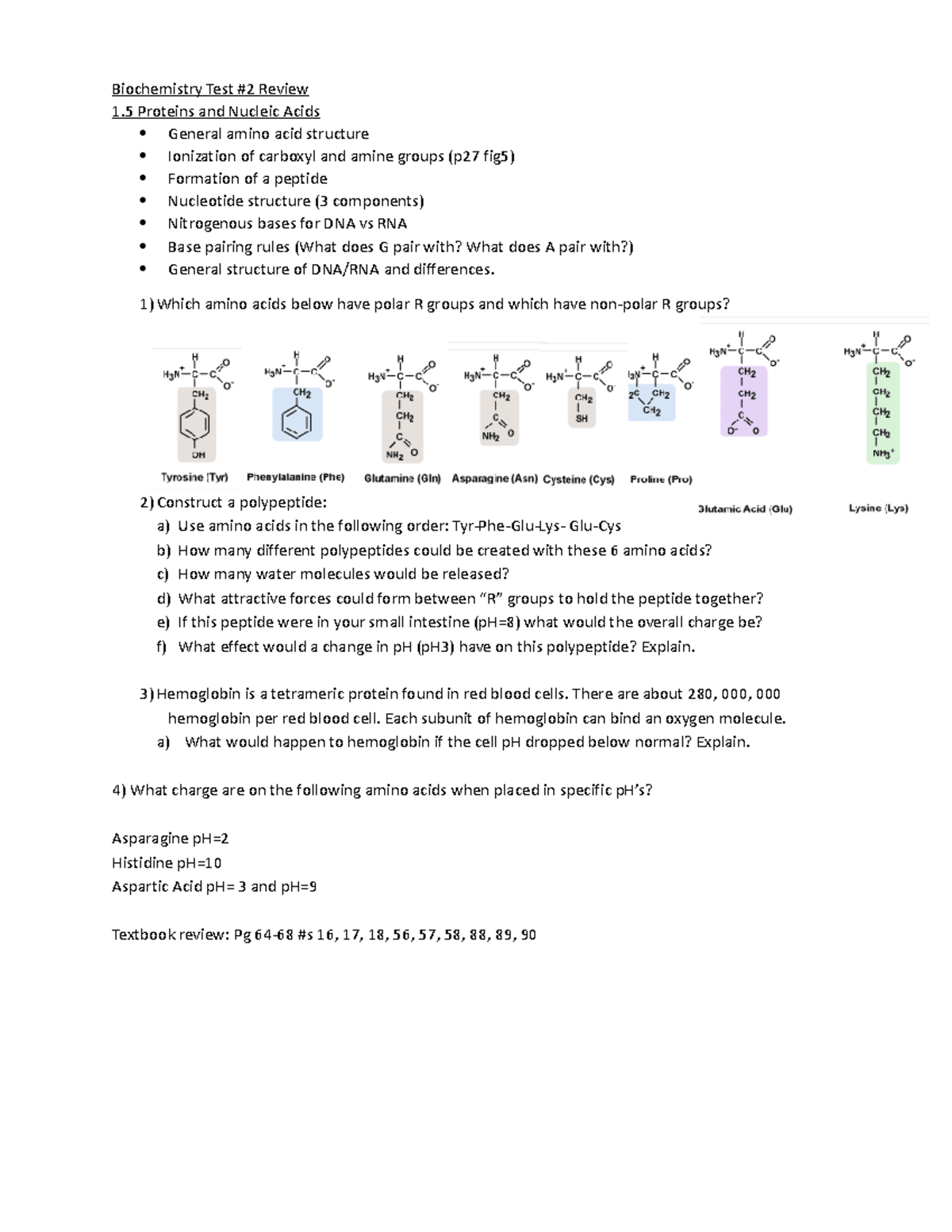 Biochemistry Test 2 Review - Biochemistry Test #2 Review 1 Proteins and ...