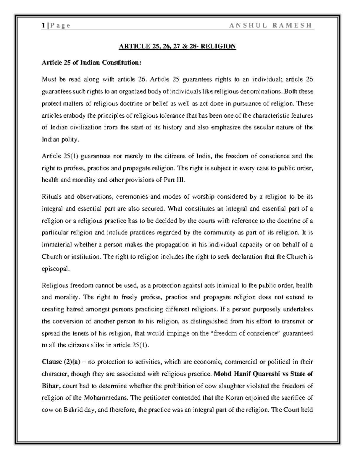 Article 25-28 - notes - ARTICLE 25, 26, 27 & 28- RELIGION Article 25 of ...