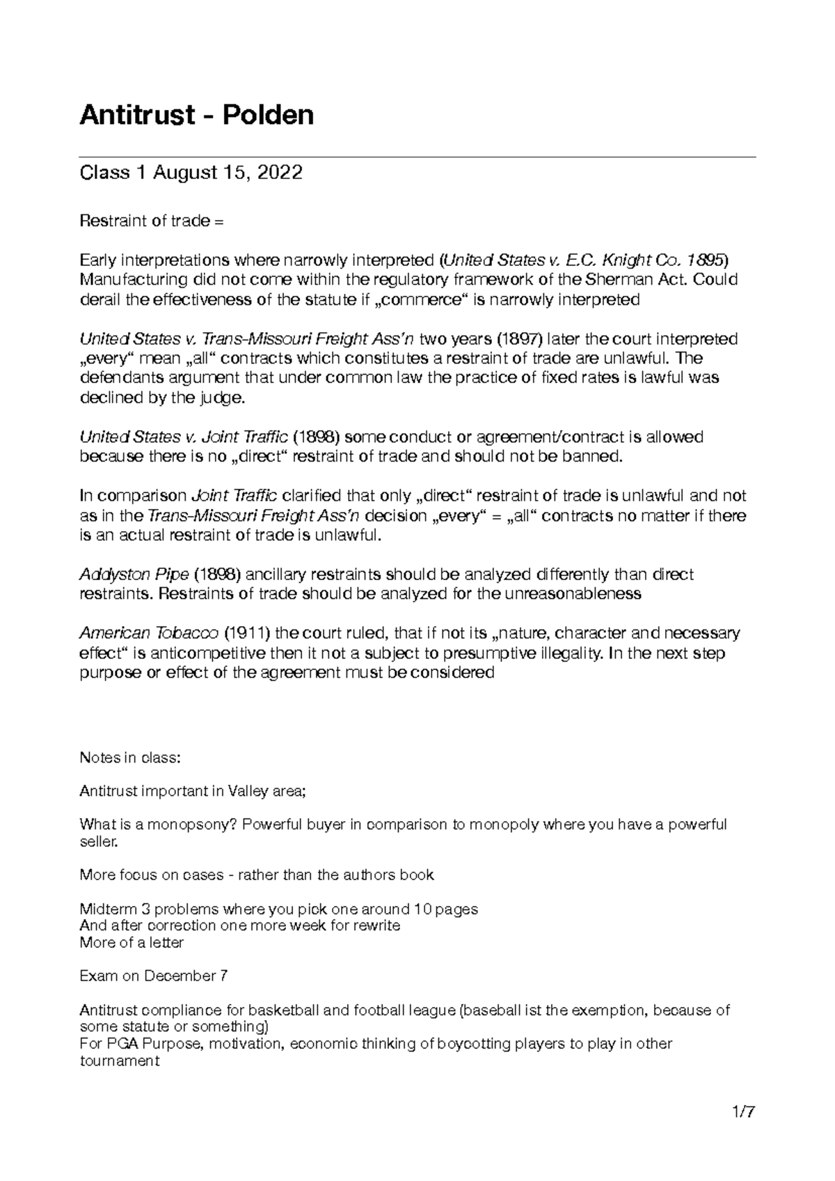 Antitrust polden fall2022 - Antitrust - Polden Class 1 August 15, 2022 ...