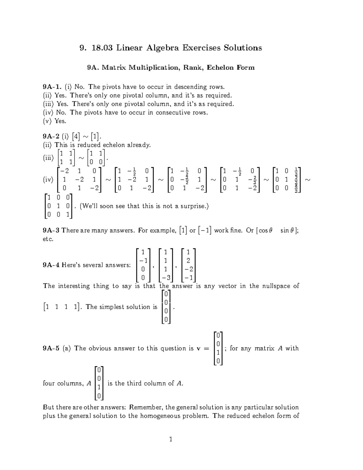 Linear Algebra Exercises Solutions 9A. Matrix Multiplication, Rank ...