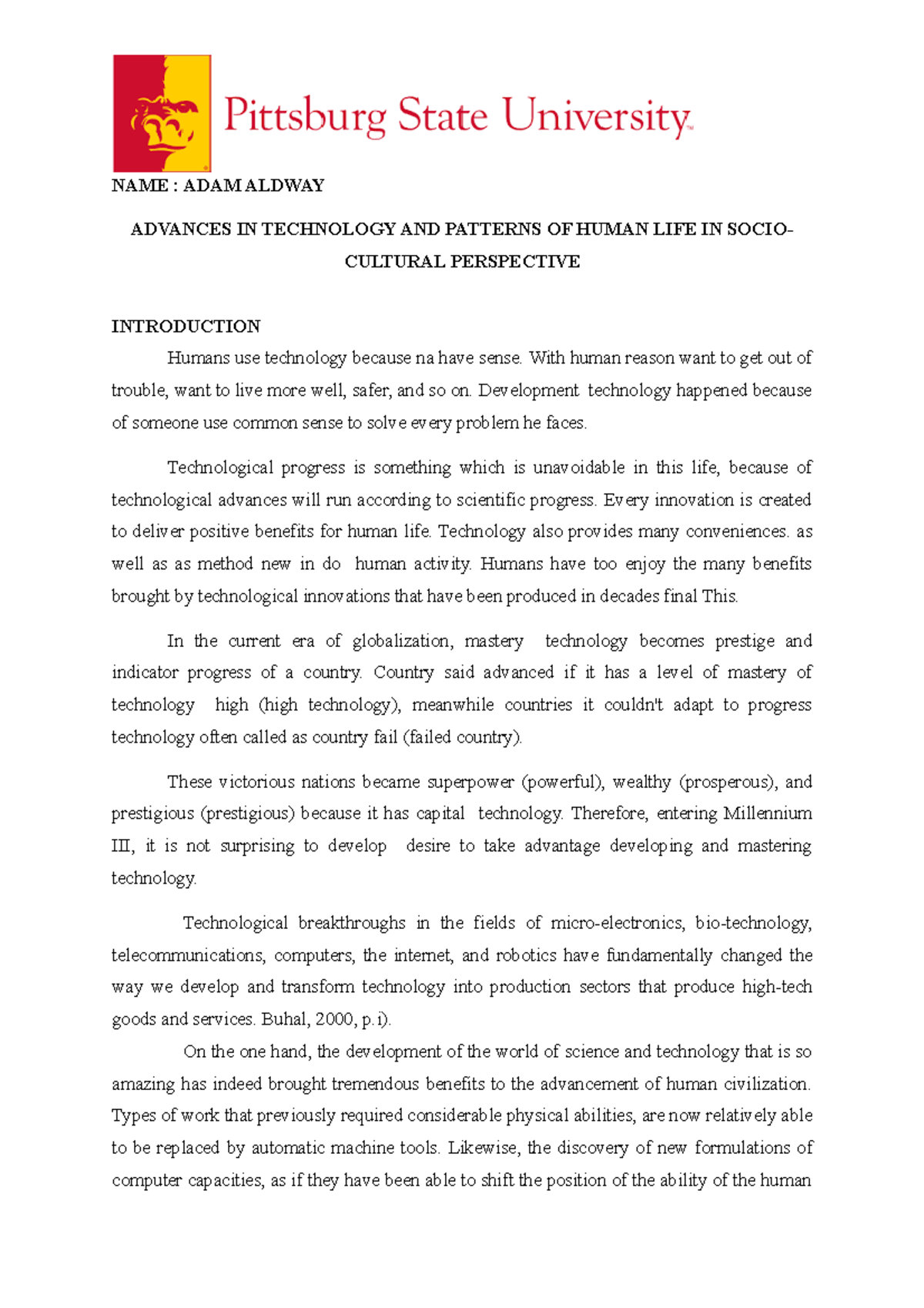 Advances IN Technology AND Patterns OF Human LIFE IN Socio- Cultural ...