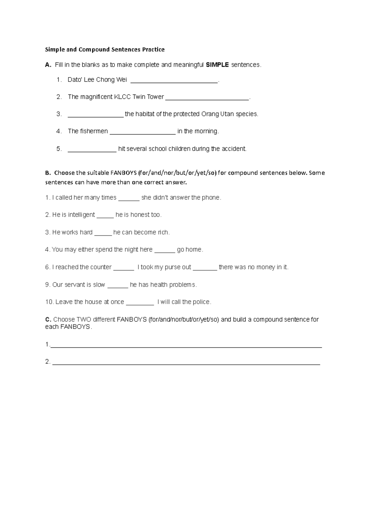 Simple and Compound Sentences Practice - Fill in the blanks as to make ...