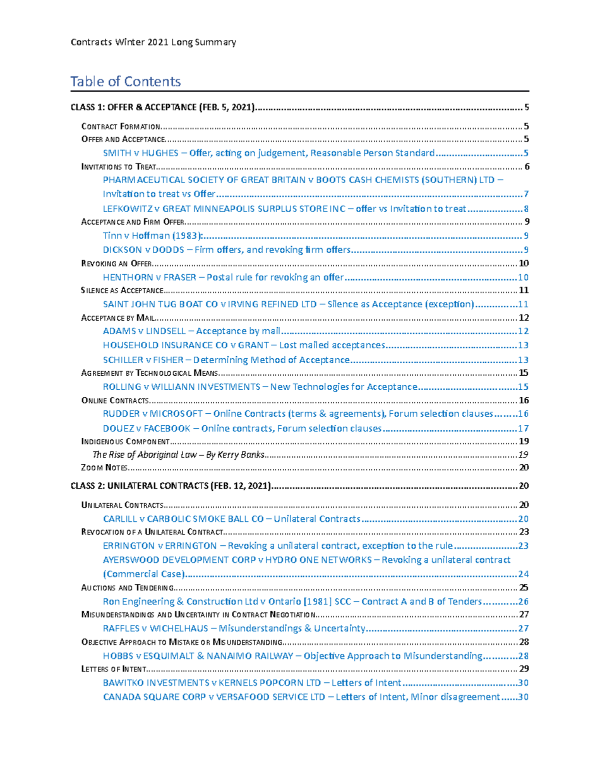 Contracts Winter 2021 Long Summary - Table of Contents CLASS 1: OFFER & ACCEPTANCE (FEB. 5 ...