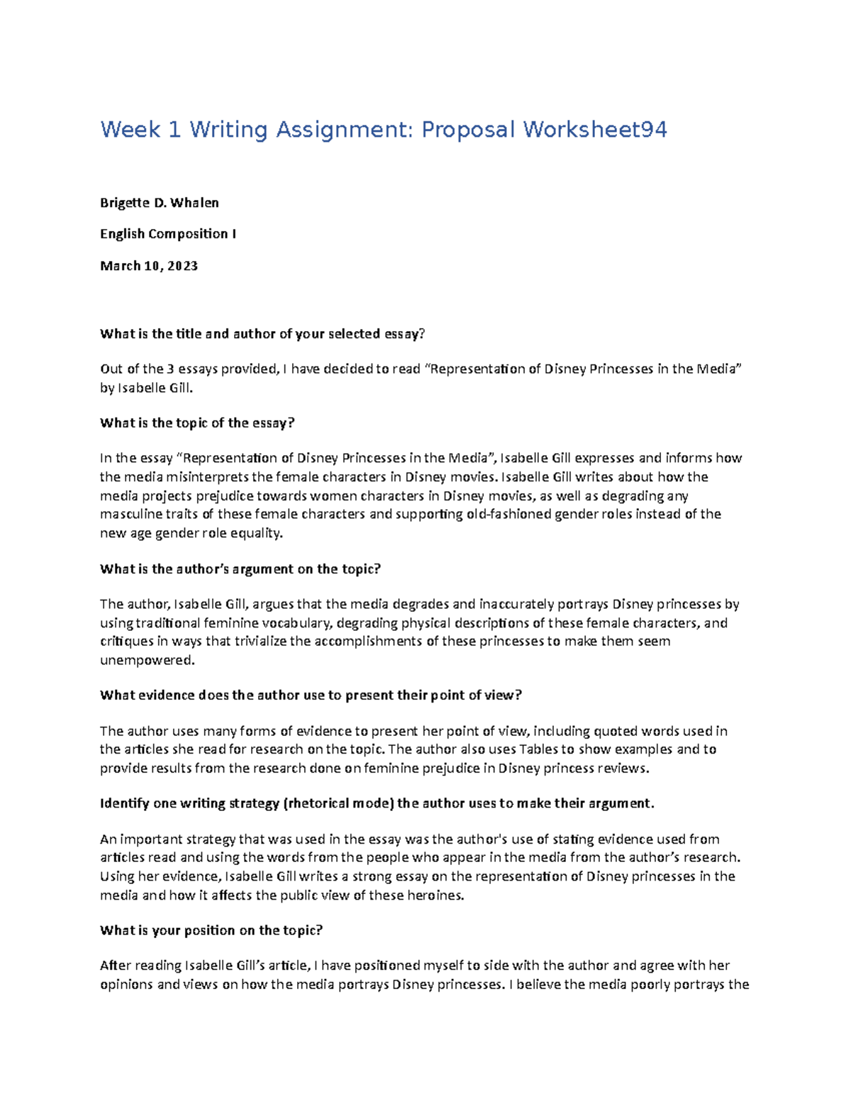 Week One Worksheet Proposal - Week 1 Writing Assignment: Proposal ...