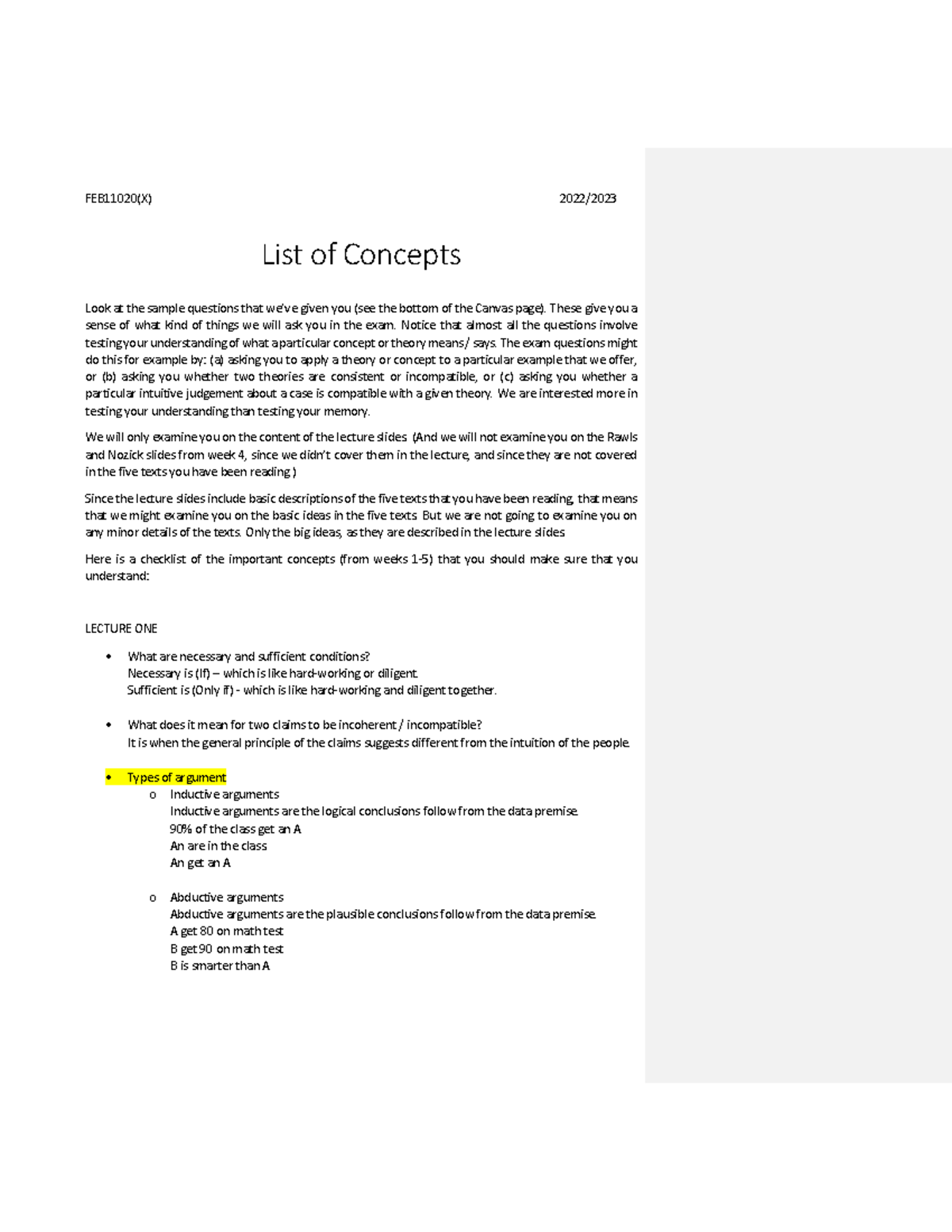 List of Concepts + Week 6 - List of Concepts Look at the sample questions that we’ve given you ...