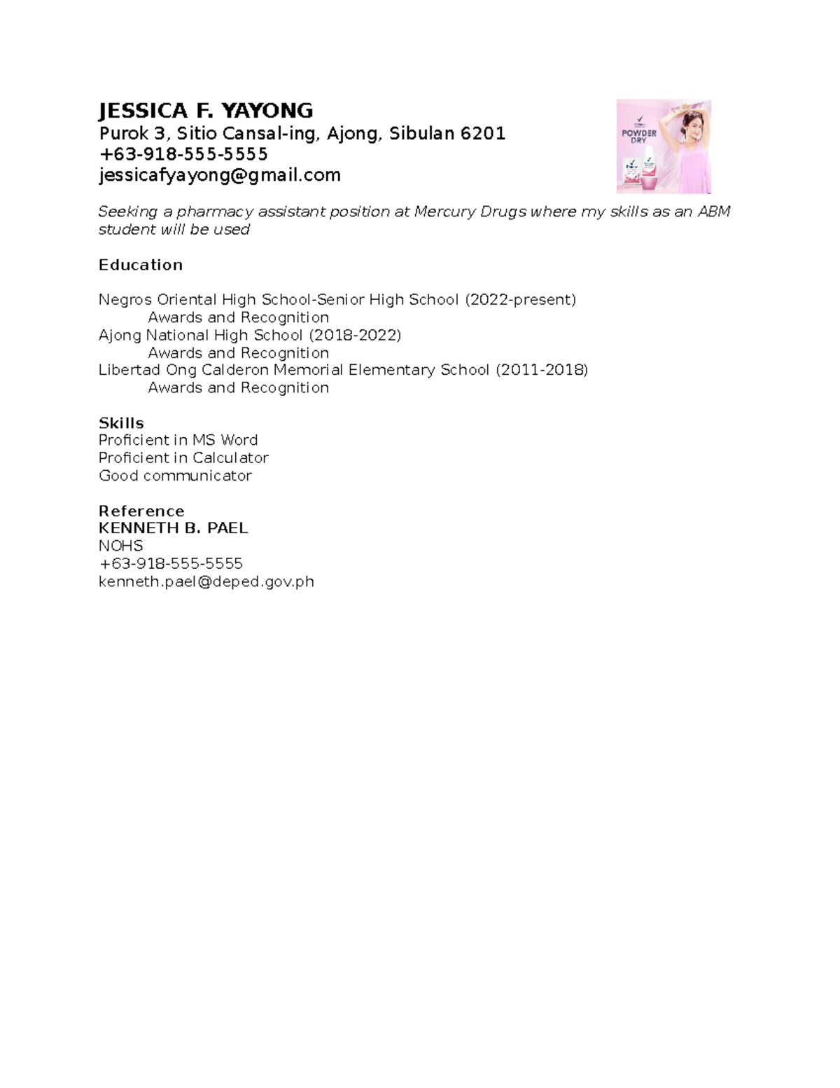 Example of Resume - JESSICA F. YAYONG Purok 3, Sitio Cansal-ing, Ajong ...