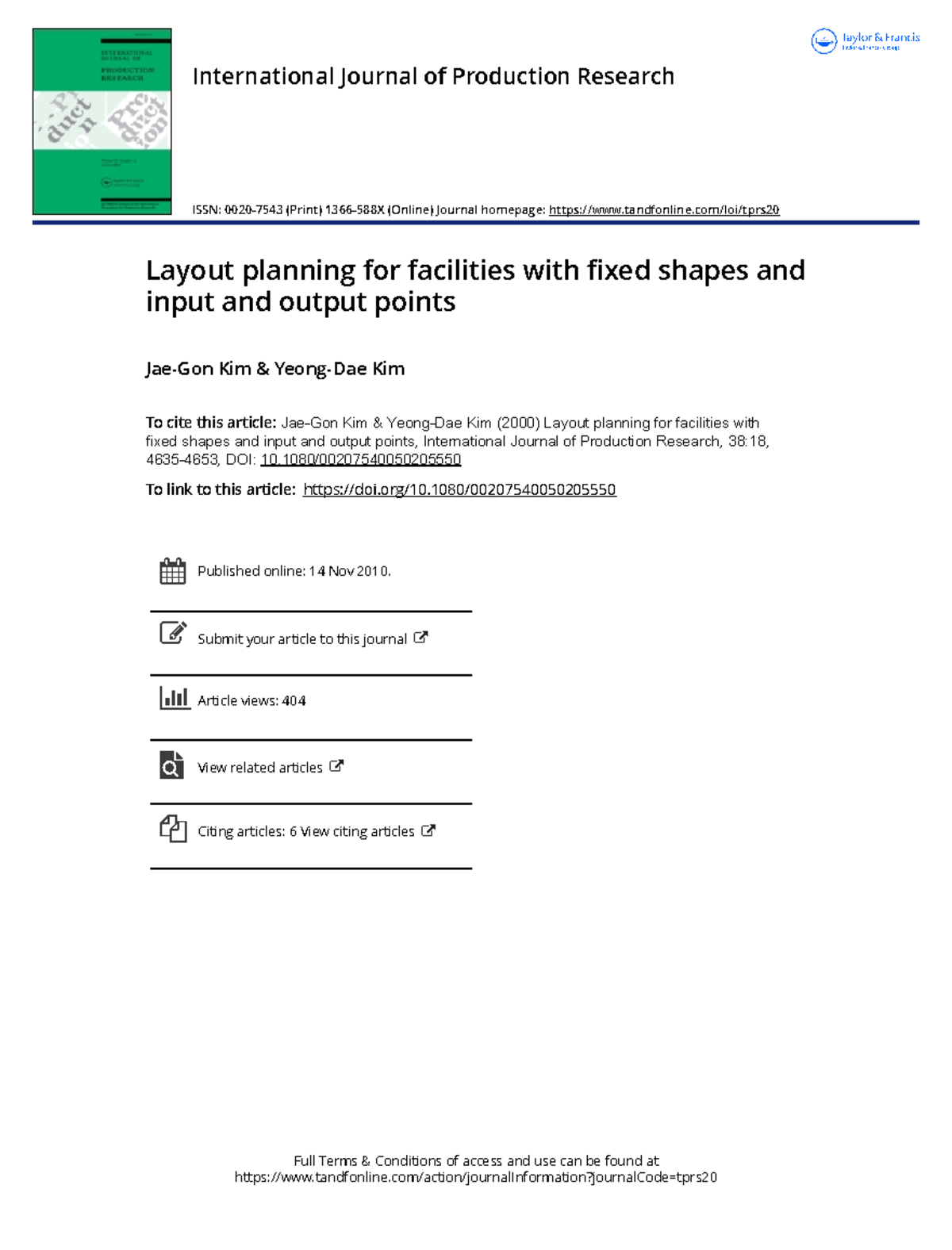 Layout planning for facilities with fixed shapes and input and output points - 1080/ Published ...