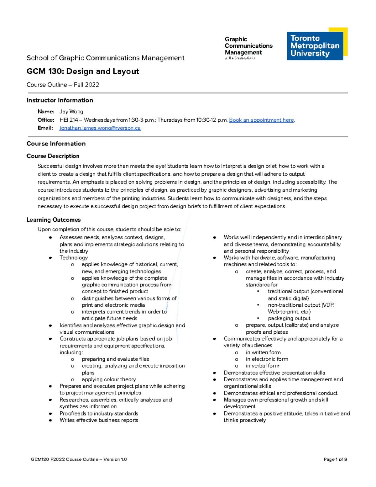 Course Outline - School of Graphic Communications Management GCM 130 ...