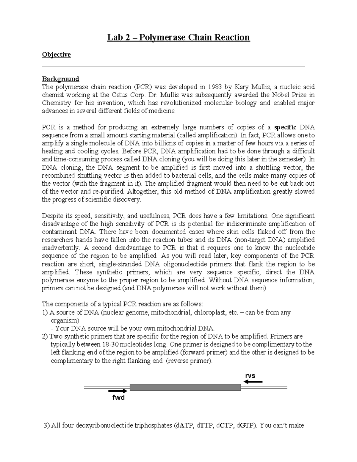Genetics lab 2 - fwd Lab 2 – Polymerase Chain Reaction Objective ...