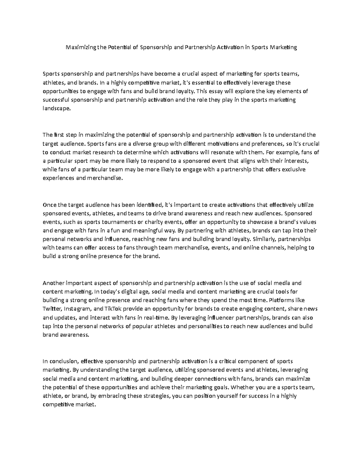 Maximizing the Potential of Sponsorship and Partnership Activation in ...