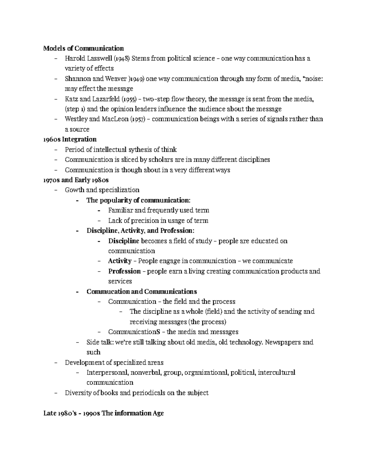 Chapter 2 In-Class Notes - Models of Communication - Harold Lasswell ...