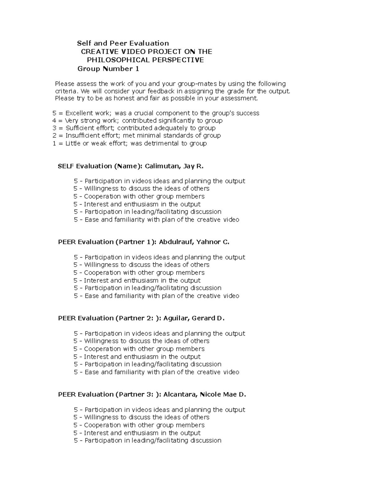 SELF AND PEER Evaluation - Self and Peer Evaluation CREATIVE VIDEO ...