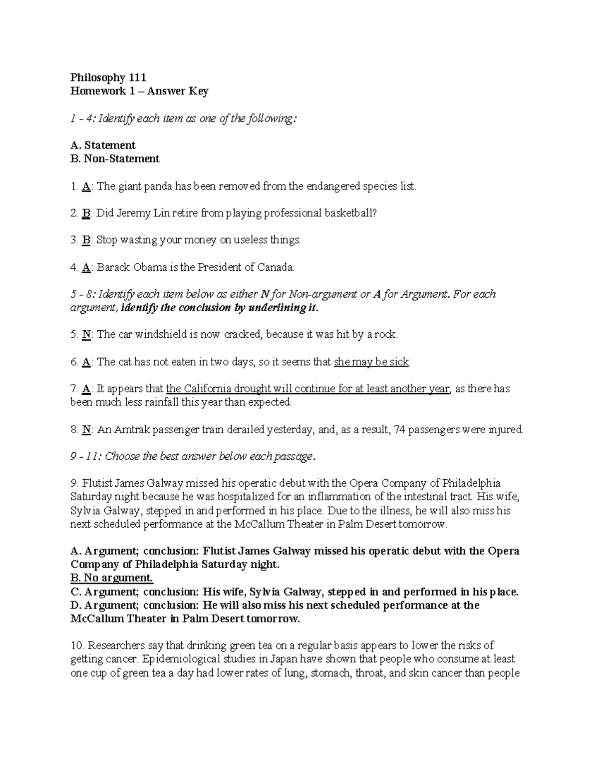 Phil 111 Homework 1 - Answer Key Zach Fish 2023 Homework Assignment Answers - Philosophy 11 1 ...