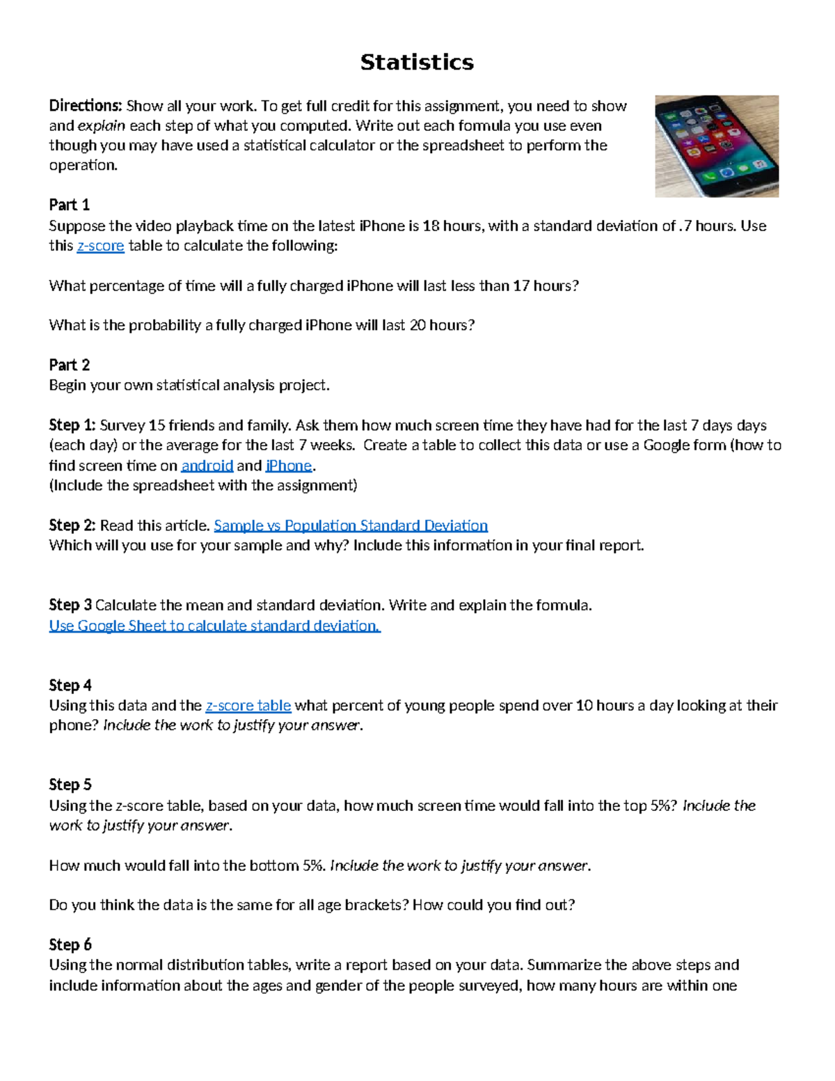 IM3Prt2-Unit8-Statistics Screen Time Worksheet - Statistics Directions ...