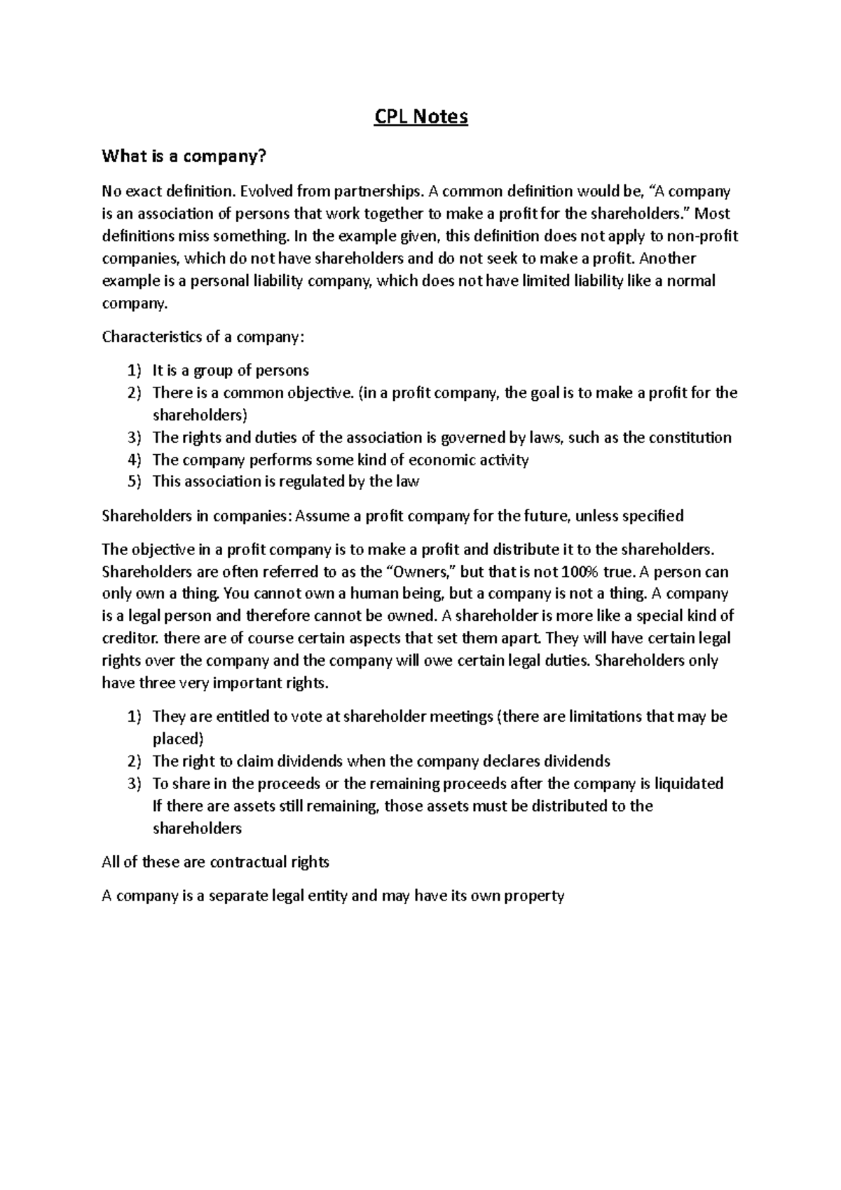 CPL Notes 4 - Separate Legal Personality of Companies - CPL Notes What ...