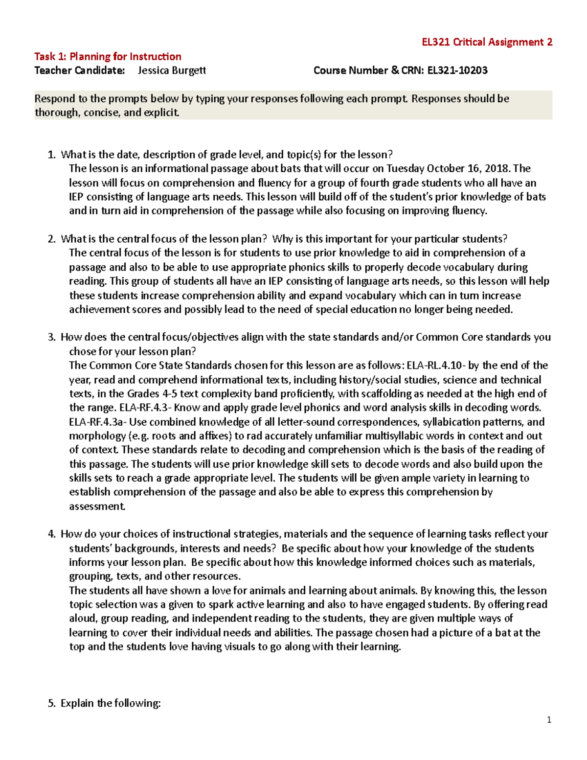 321 CA 2, Task 1 Planning for Instruction Commentary - EL321 Criical ...