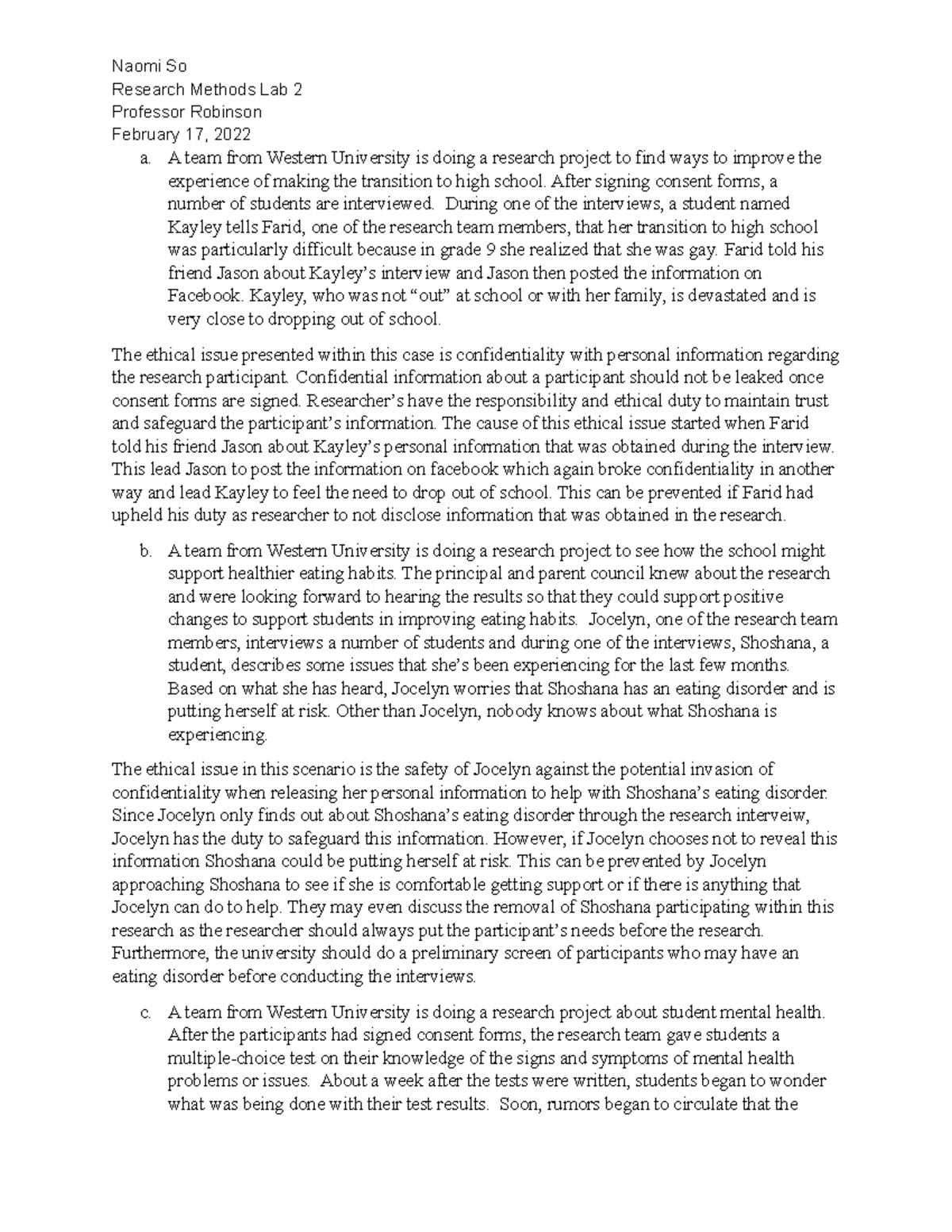 Research Methods Lab 2 - Lab 2 work - Naomi So Research Methods Lab 2 Professor Robinson ...