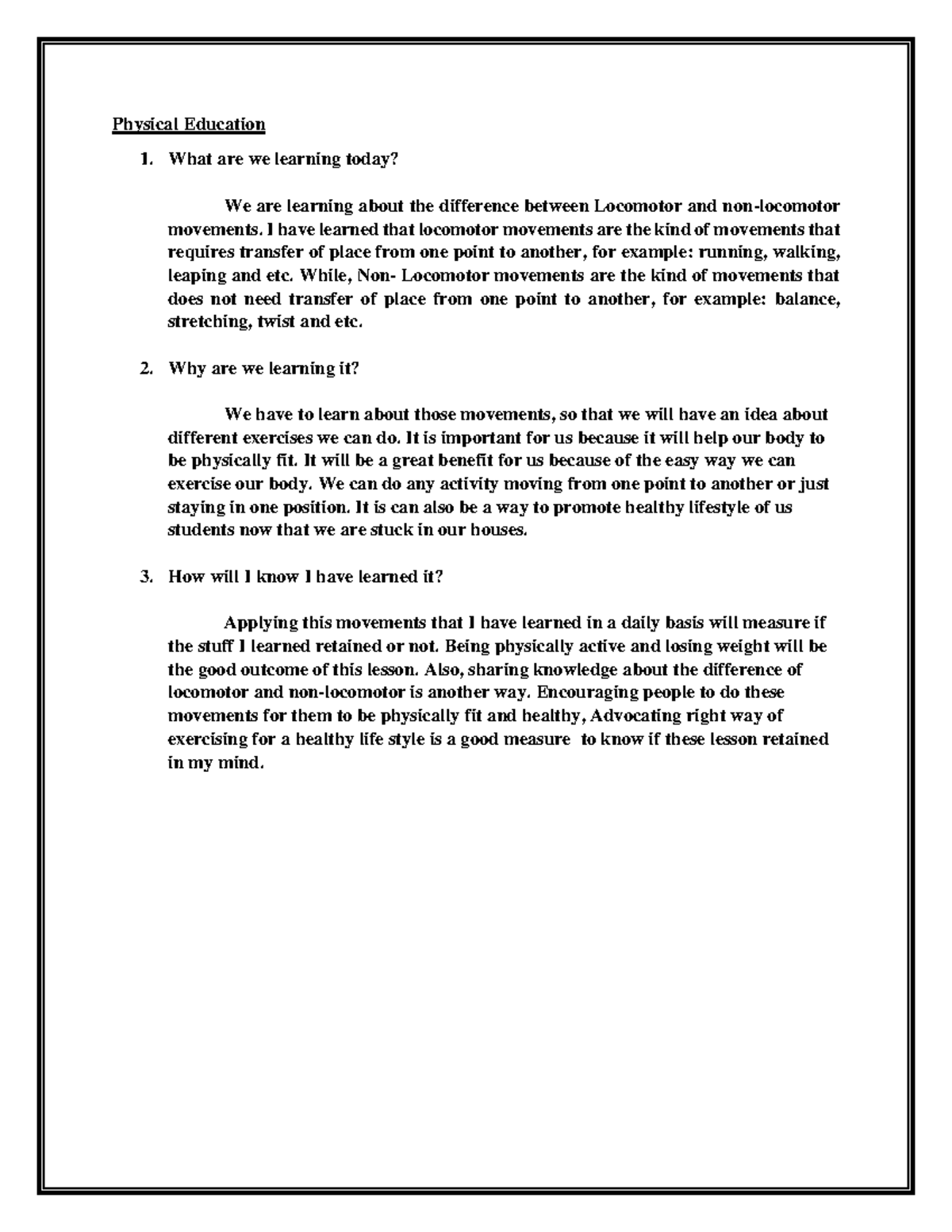Physical Education - What are we learning today? We are learning about ...