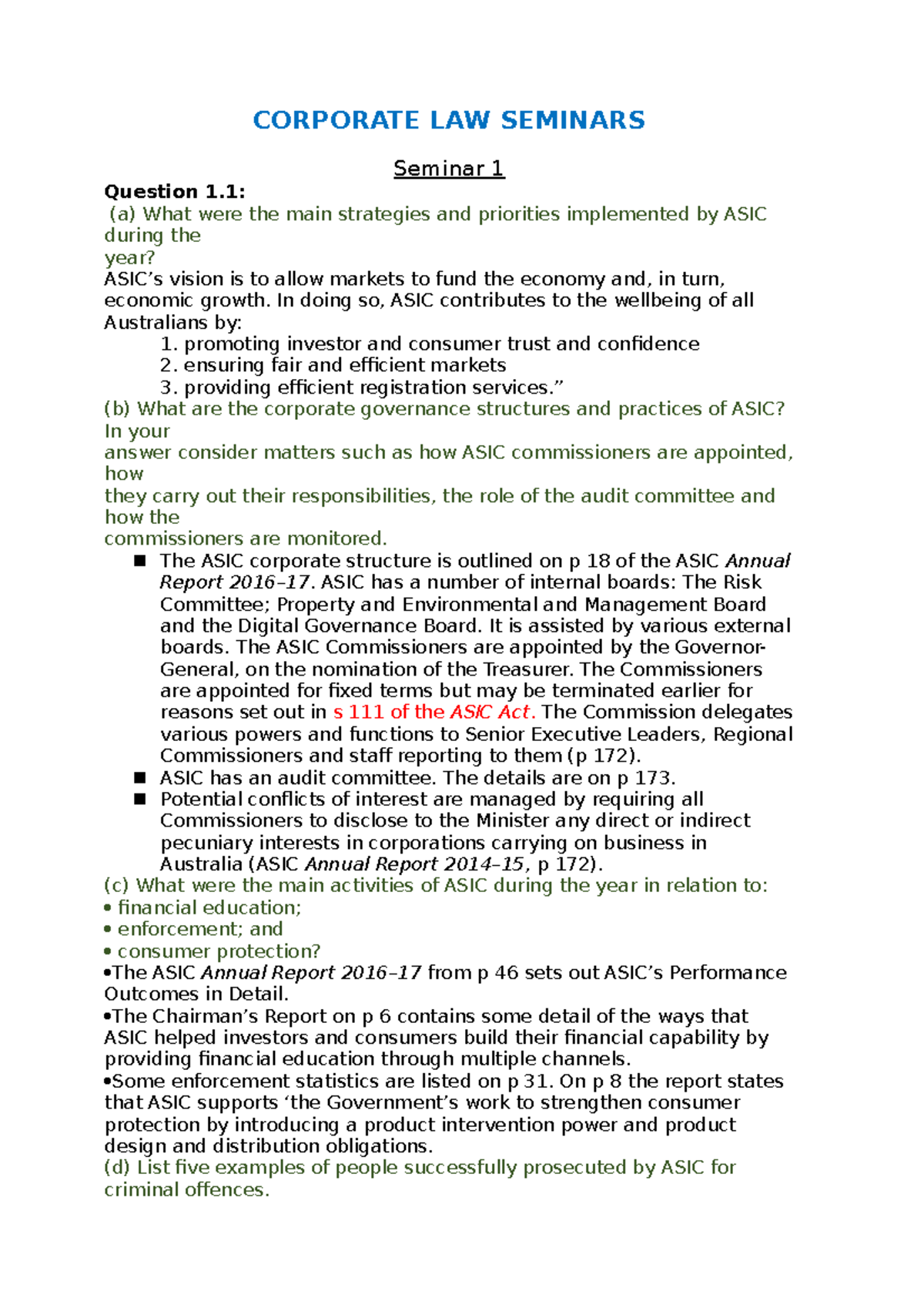 Corporate Law Seminars - CORPORATE LAW SEMINARS Seminar 1 Question 1 ...
