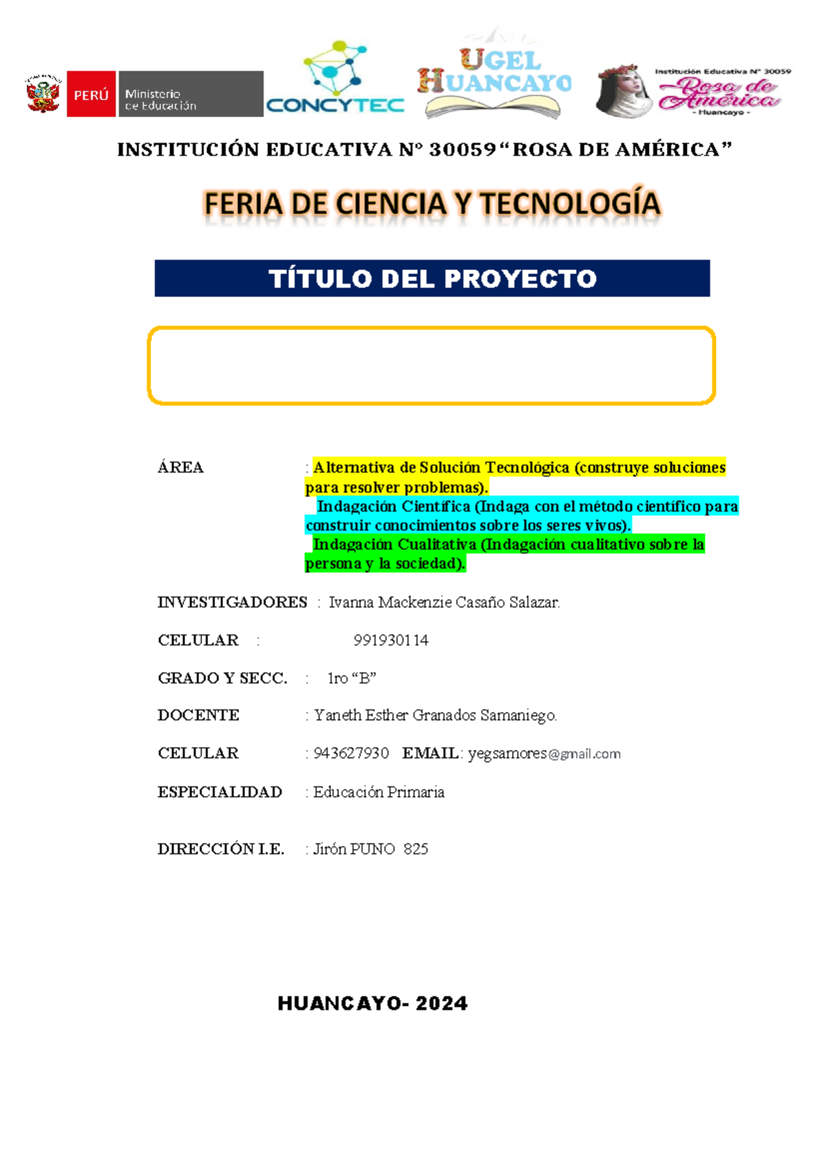 Formato DE Proyecto DE Ciencia Y TecnologíA- Ejemplo - INSTITUCIÓN ...