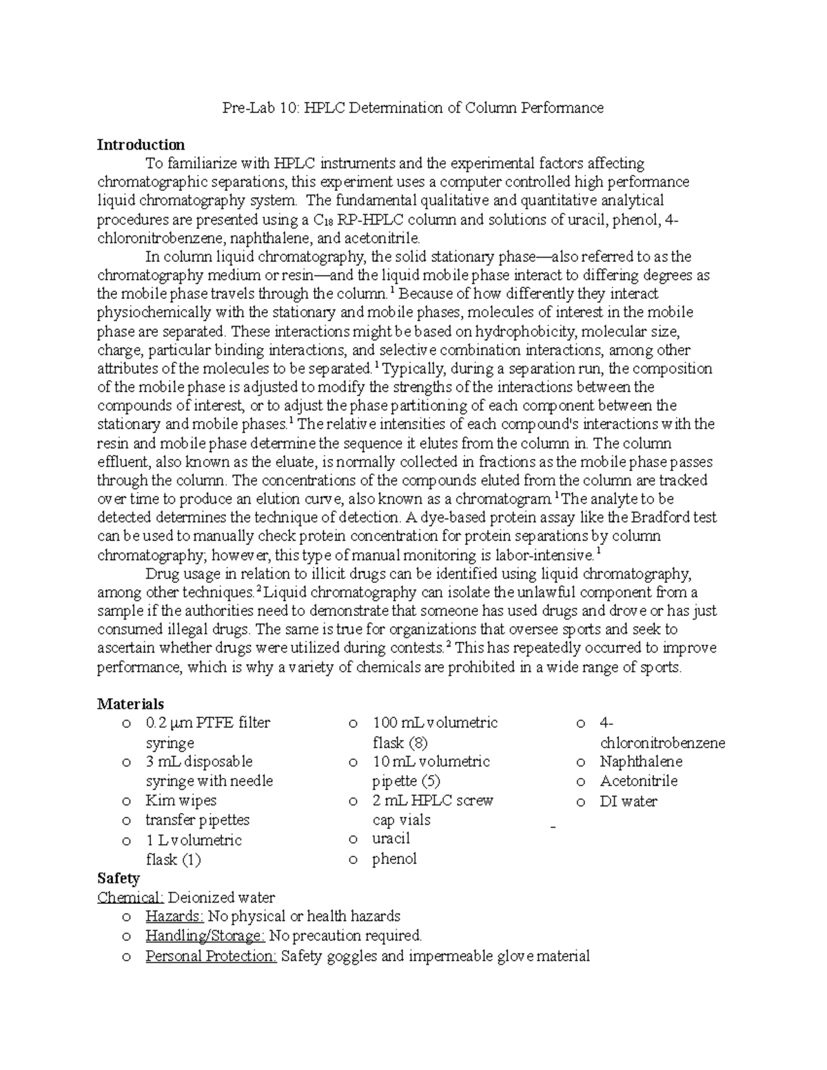 AC Pre Lab 10 - lab 10 - Pre-Lab 10: HPLC Determination of Column ...