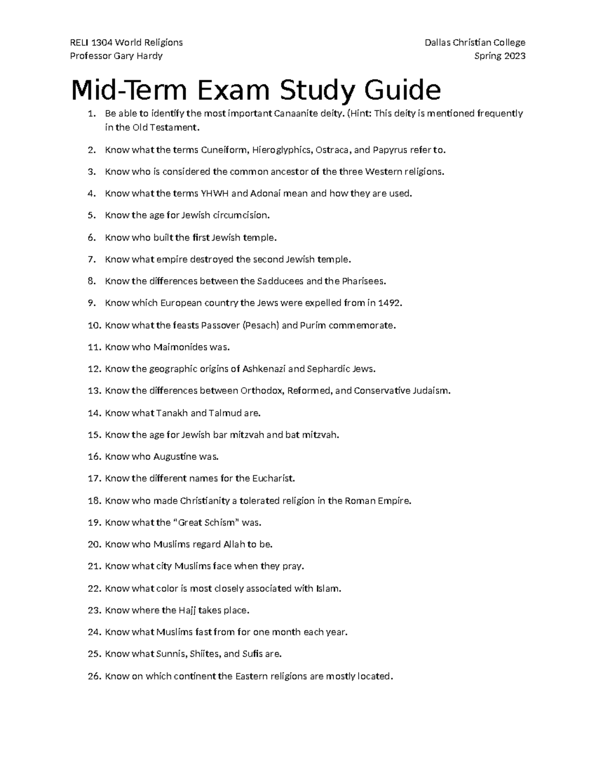 RELI 1304 Mid-Term Exam Study Guide - Spring 23 - RELI 1304 World Religions Dallas Christian ...