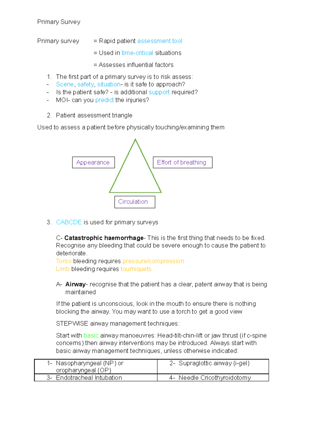 Primary Survey notes - Primary survey = Rapid patient assessment tool ...