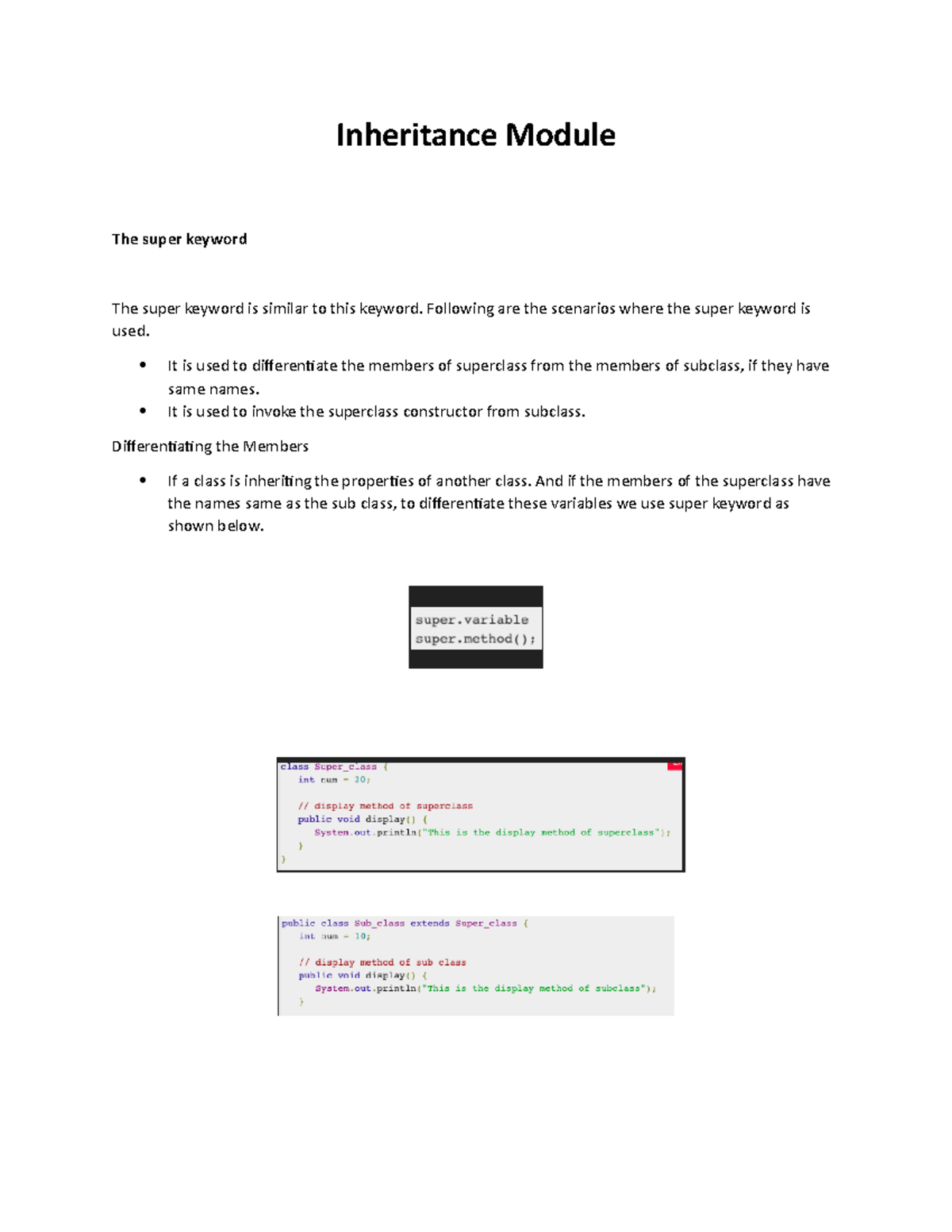 Inheritance Module Inheritance Module Reviewer Inheritance Module The Super Keyword The 