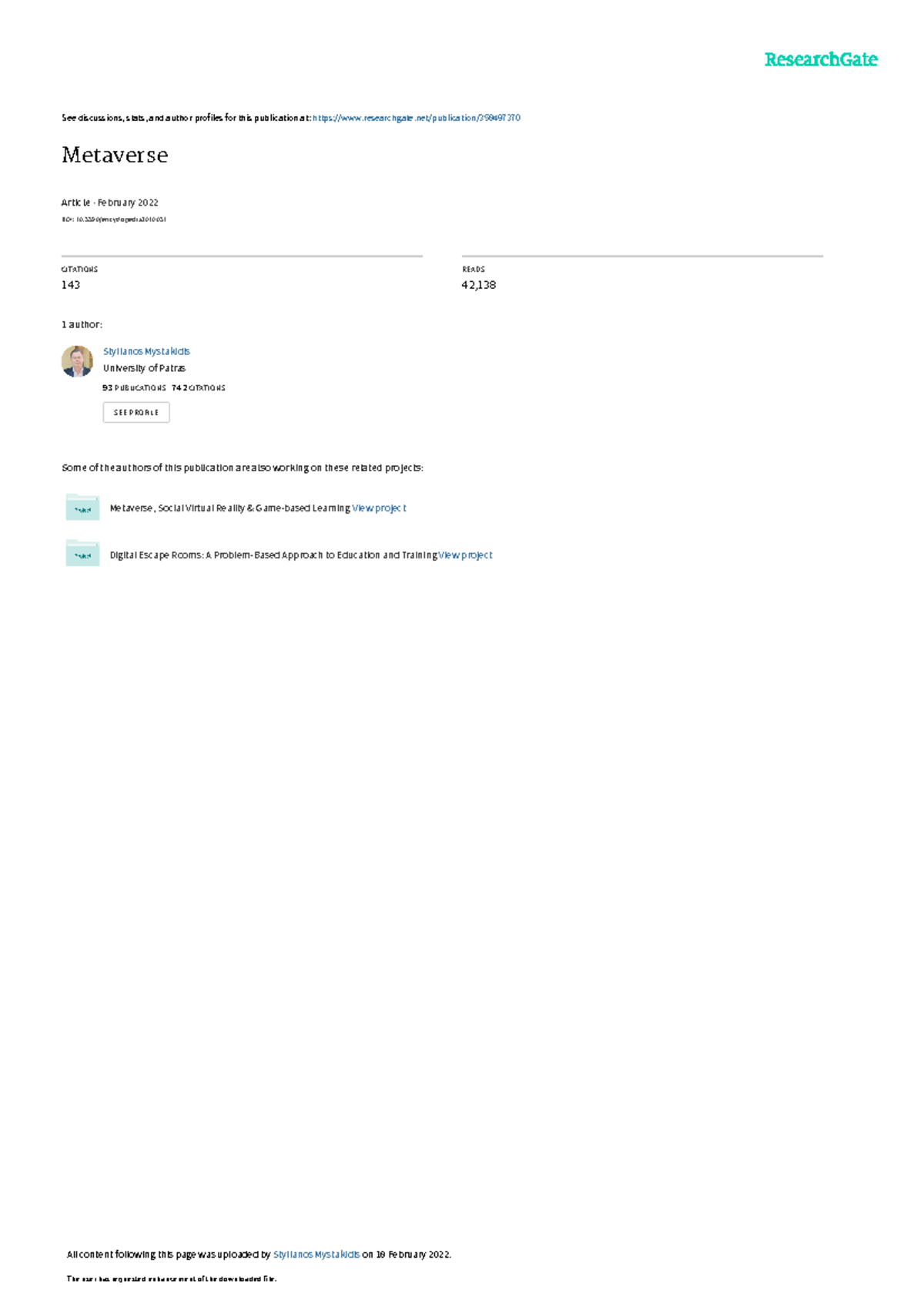 Mystakidis 2022-Metaverse - See discussions, stats, and author profiles ...
