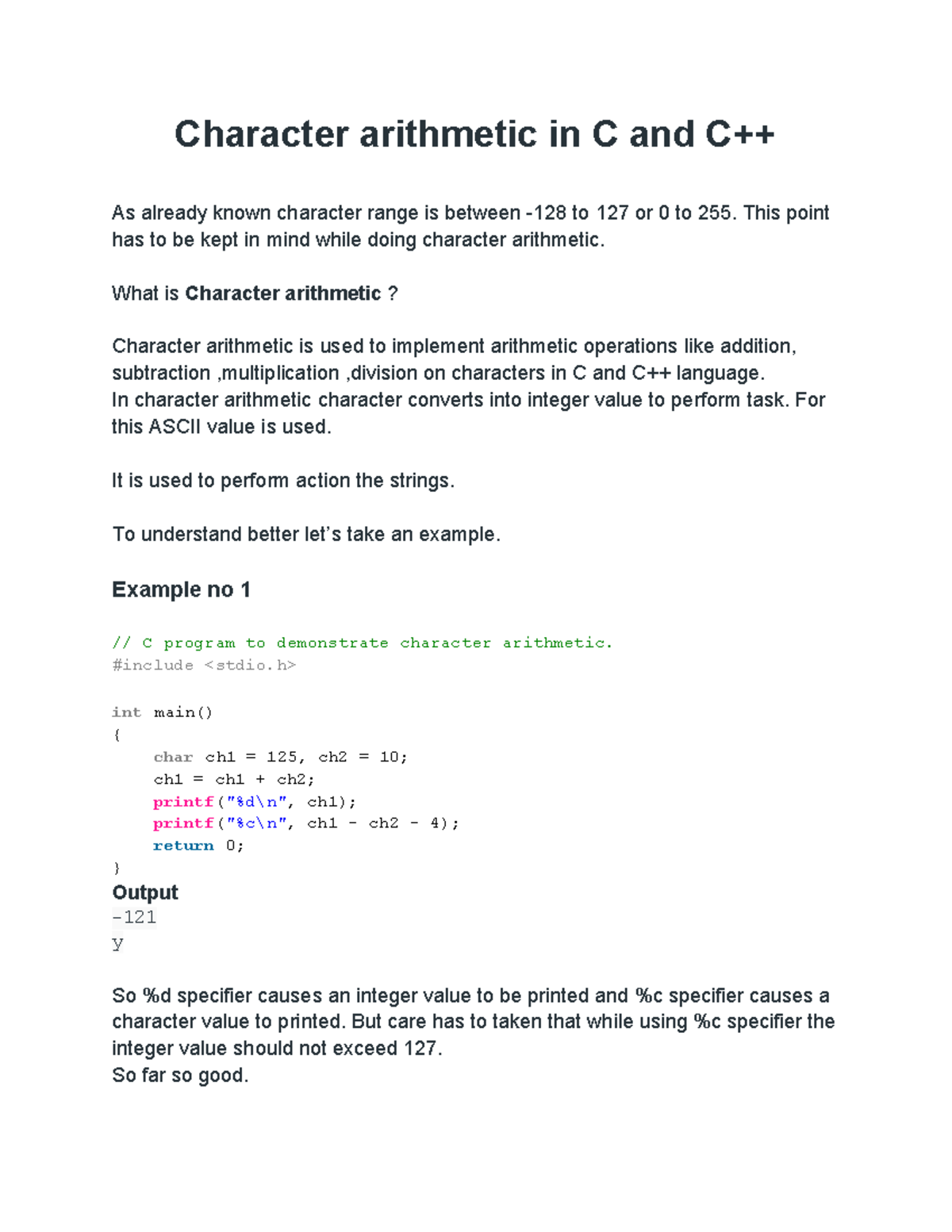 Character Arithmetic In C And C This Point Has To Be Kept In Mind While Doing Character