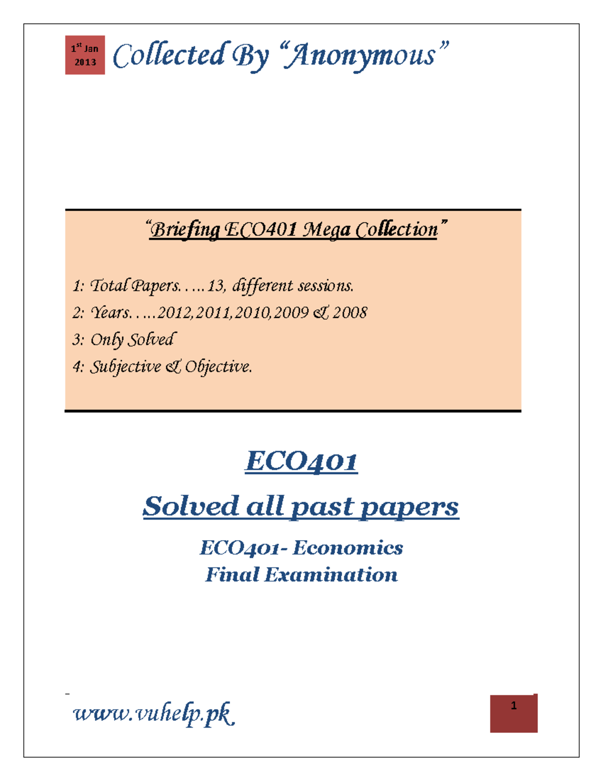 ECO401 Final Collection VU VUAnswer - 2013 - Studocu