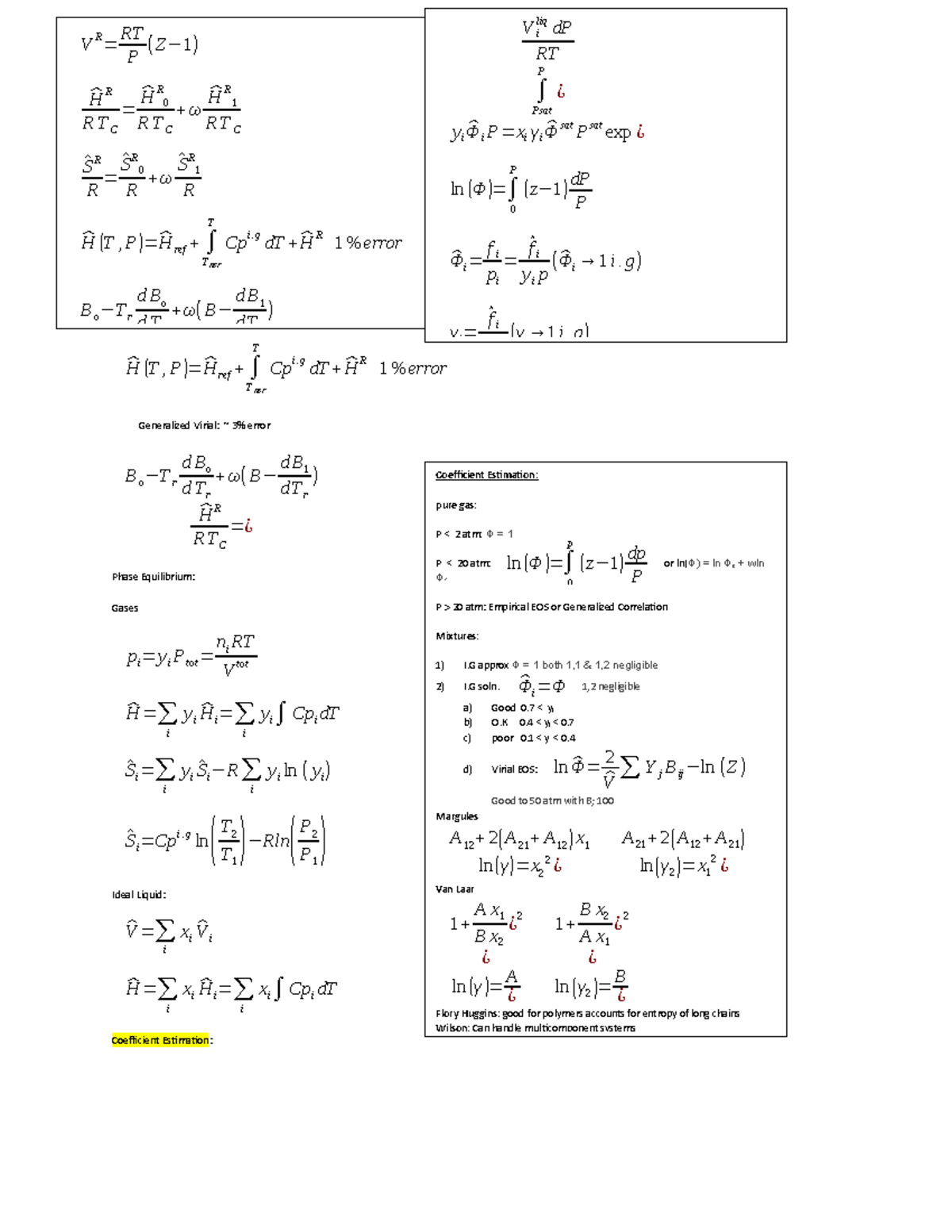 Cheat sheet II - RT V P i i i sat Psat exp yi H R0 H R1 H R T C ...