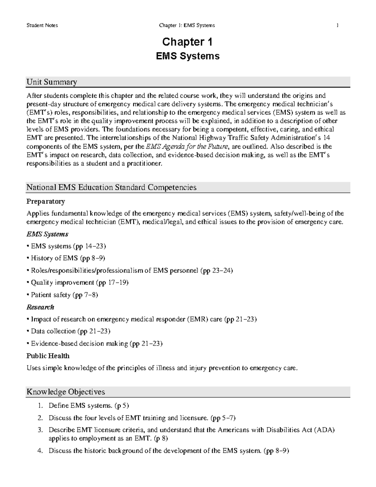 Chapter 01 Student Notes - Chapter 1 EMS Systems Unit Summary After ...