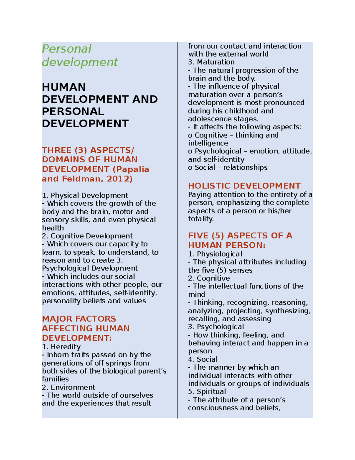Personal Development Notes - Personal development HUMAN DEVELOPMENT AND ...
