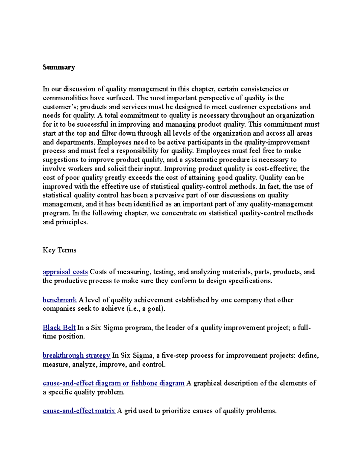 MT435 Chapter 1 Summary - Summary In our discussion of quality management in this chapter ...