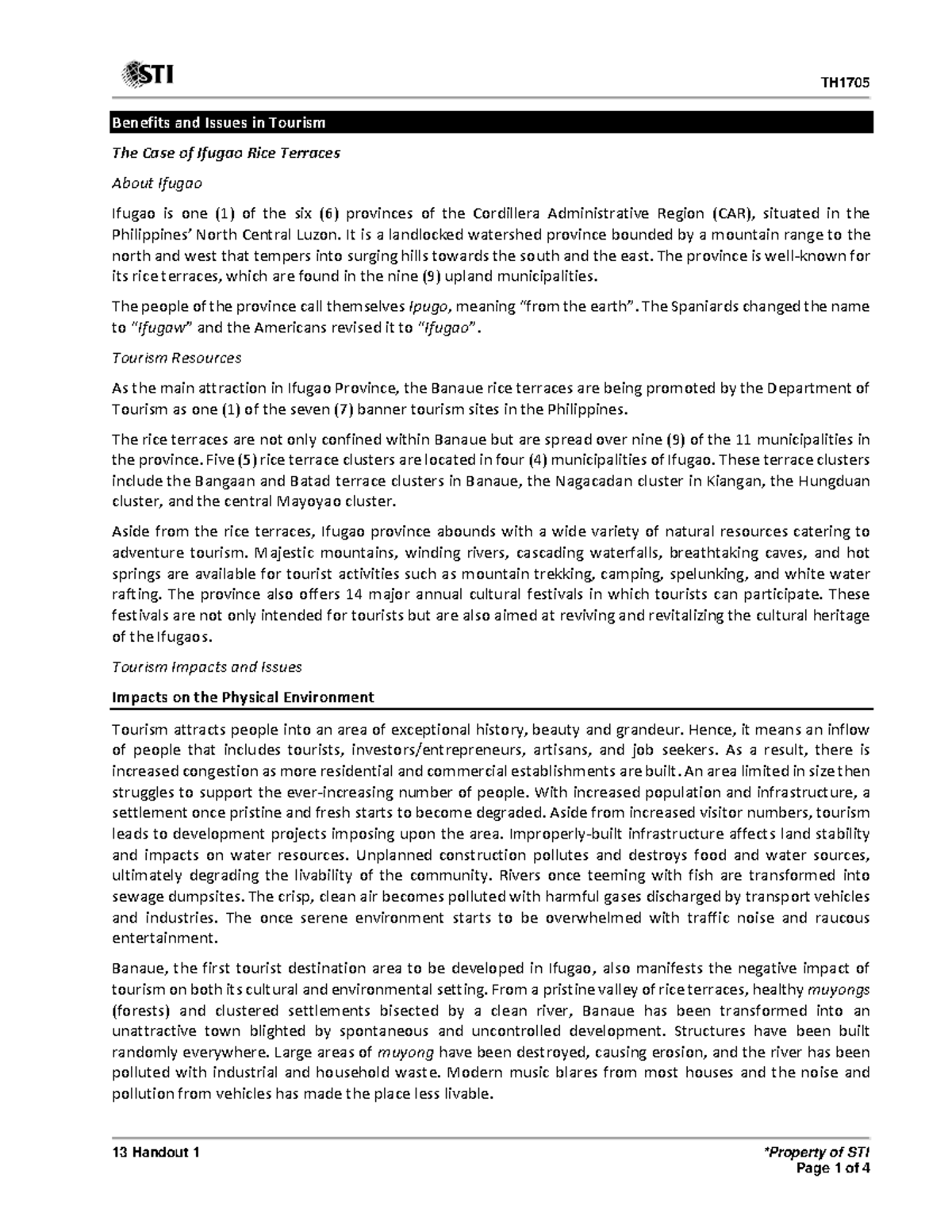 Benefits and Issues in Tourism - 13 Handout 1 *Property of STI Benefits ...