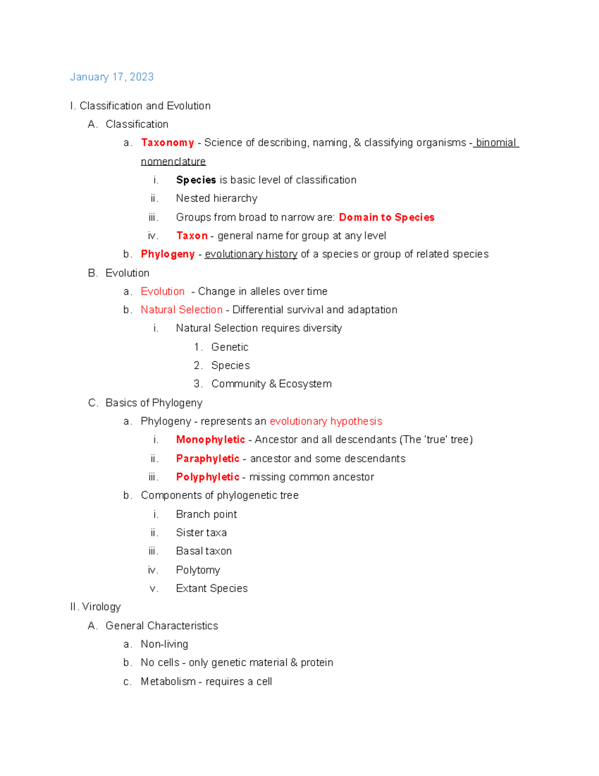 Bio Notes 116 Topic 1 Viruses - January 17, 2023 I. Classification and ...
