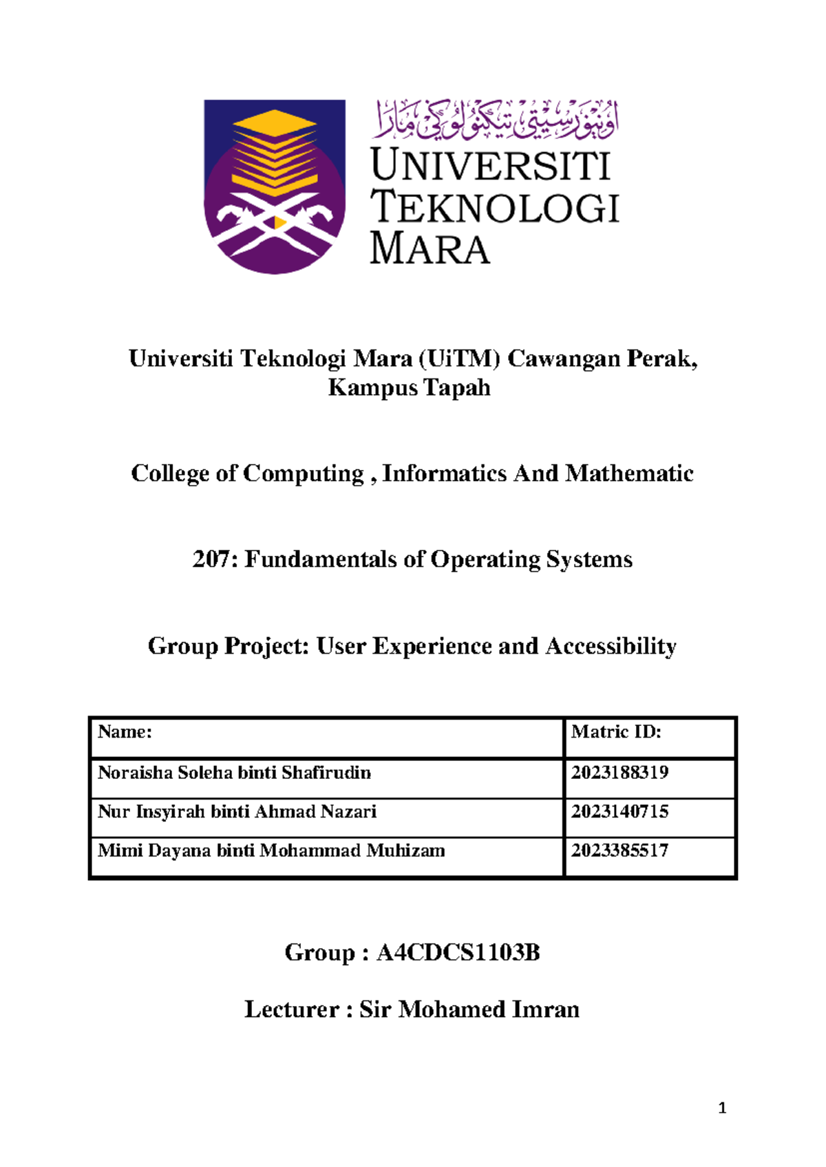 Report 207 - Universiti Teknologi Mara (UiTM) Cawangan Perak, Kampus ...
