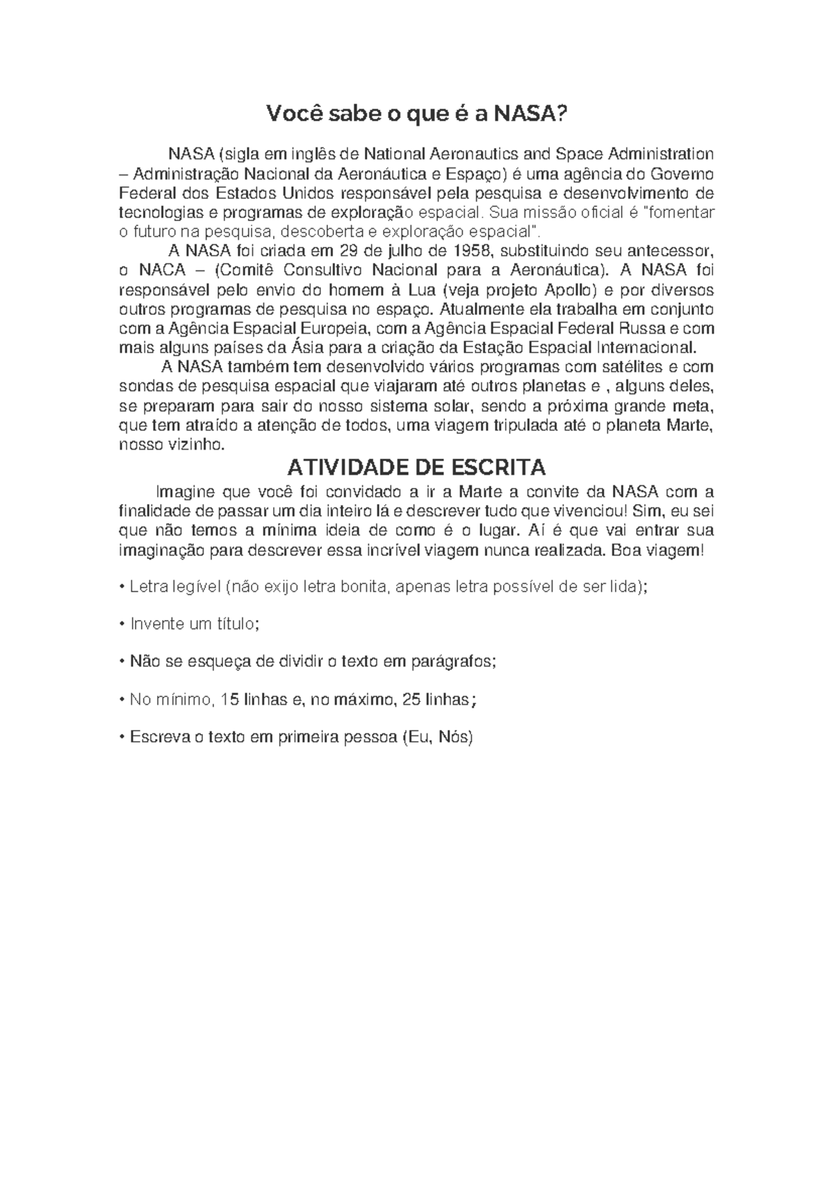 Atividade DE PROD. DE Texto NASA - Você sabe o que é a NASA? NASA ...