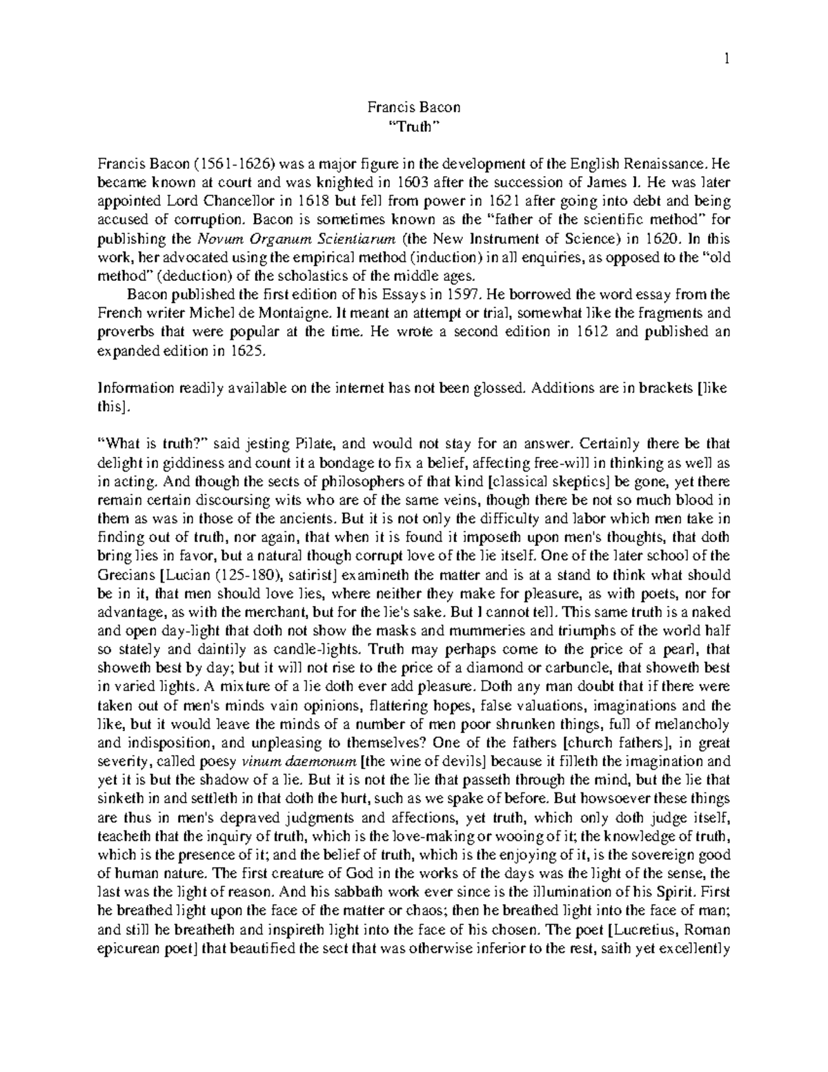 Francisbacontruth - This one is the summary of essay by francis bacon ...