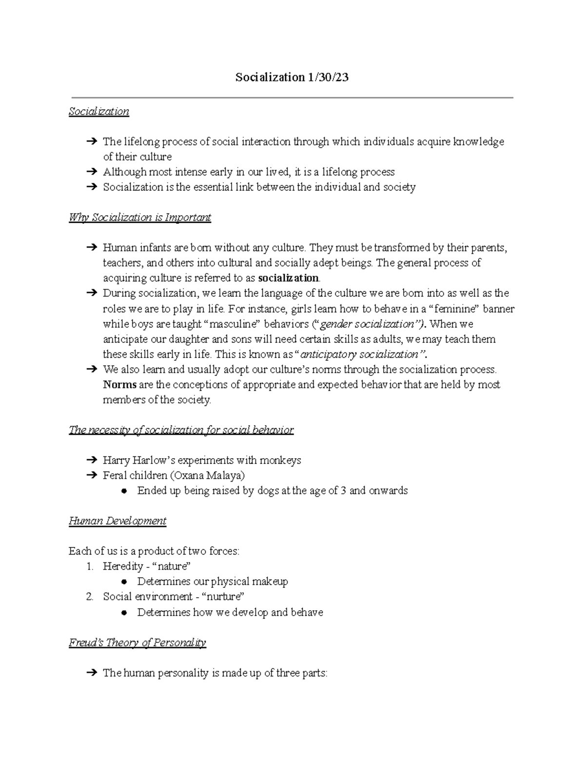 SYG2000 Socialization Notes - Socialization 1/30/ Socialization The ...