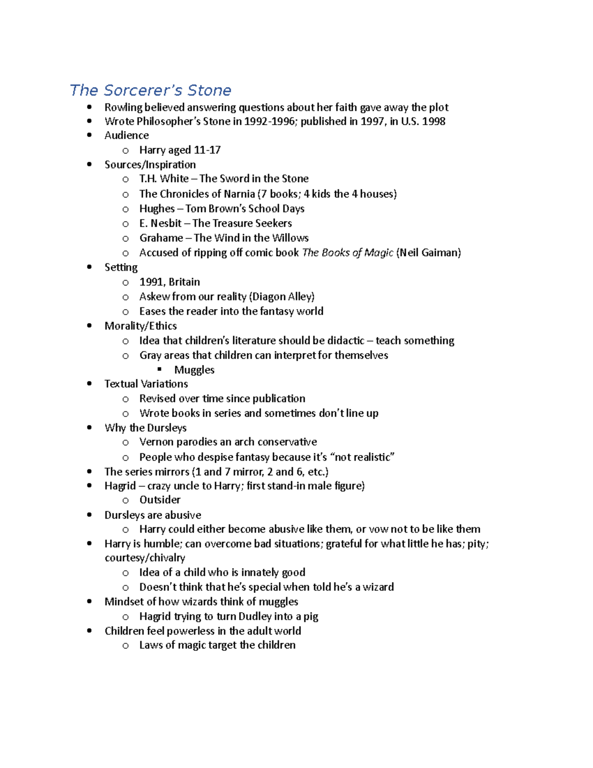 Lecture Notes Harry Potter - The Sorcerer’s Stone Rowling believed ...