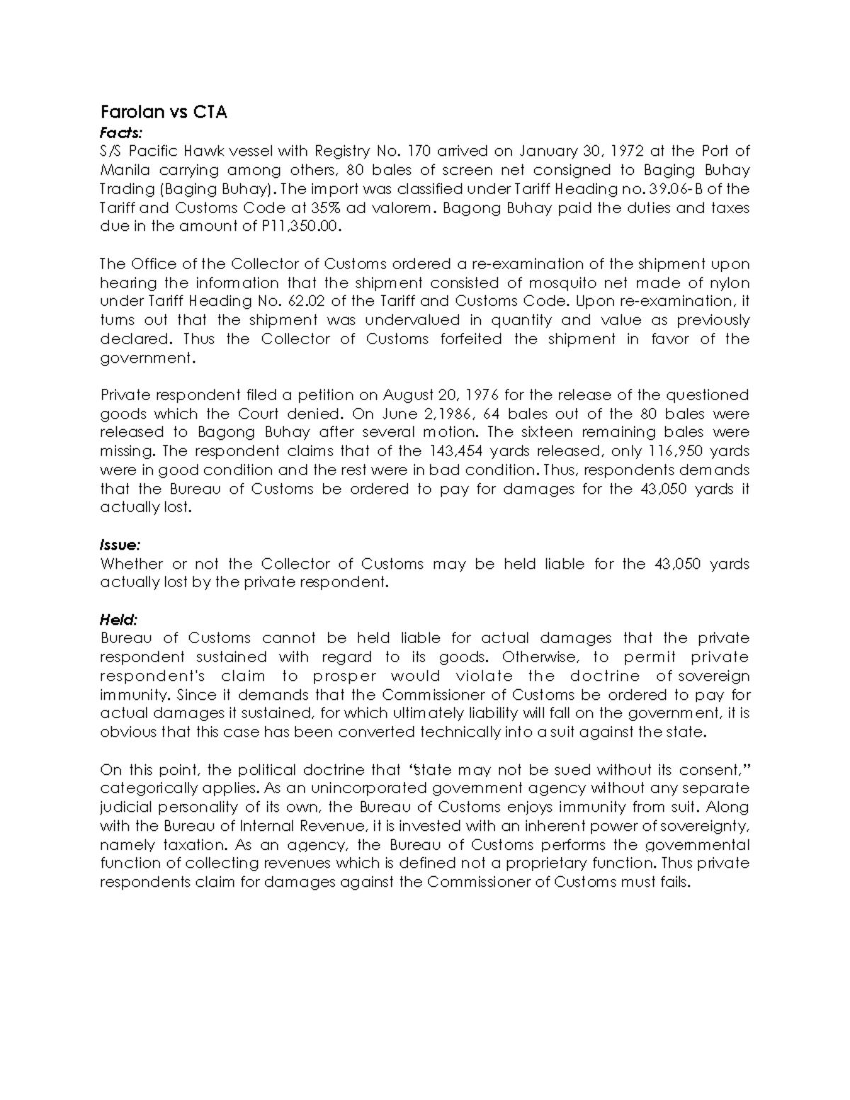 99216967 Farolan vs CTA - Farolan vs CTA Facts: S/S Pacific Hawk vessel ...